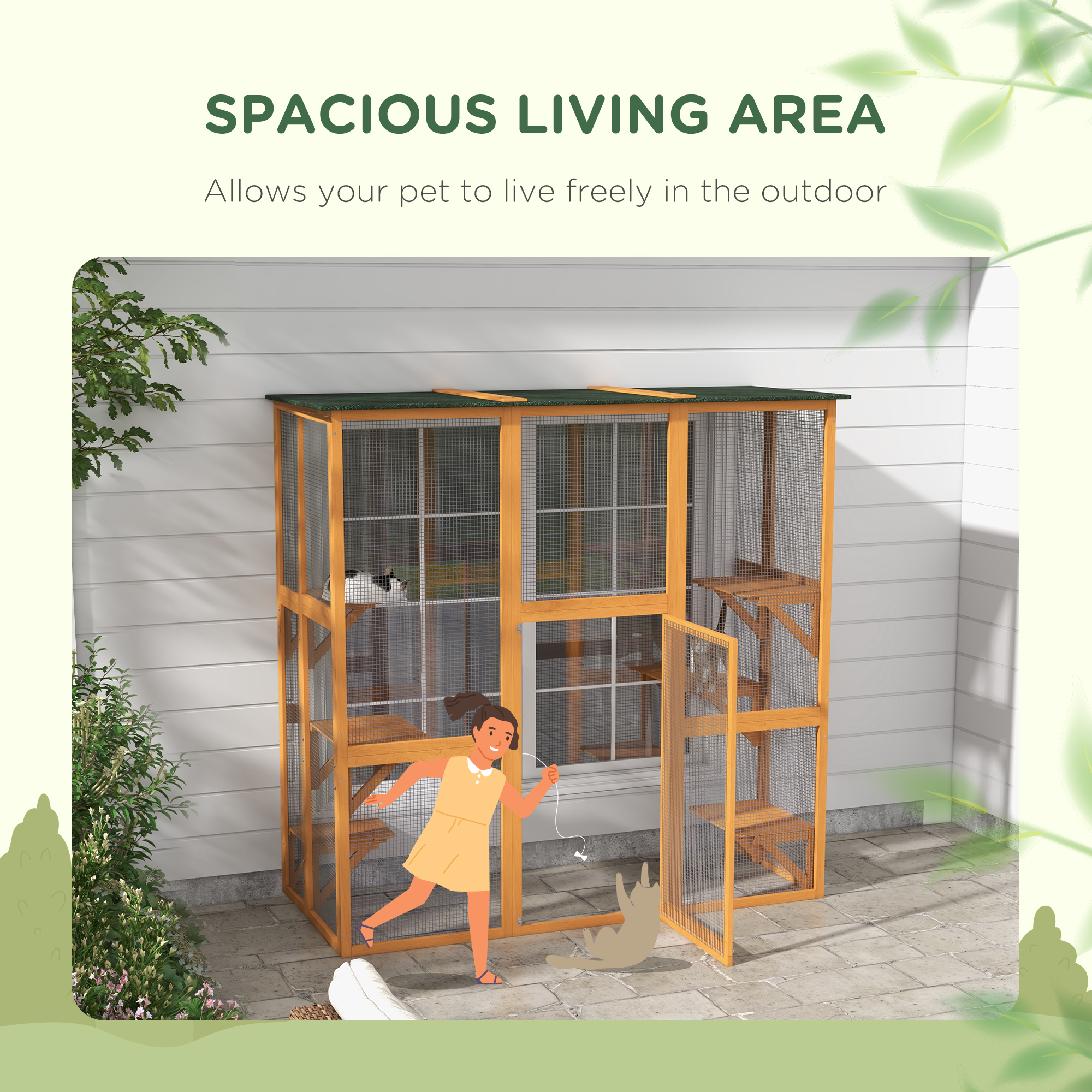 PawHut Large Outdoor Catio Enclosure, Wooden Cat Patio with 6 Balanced ...