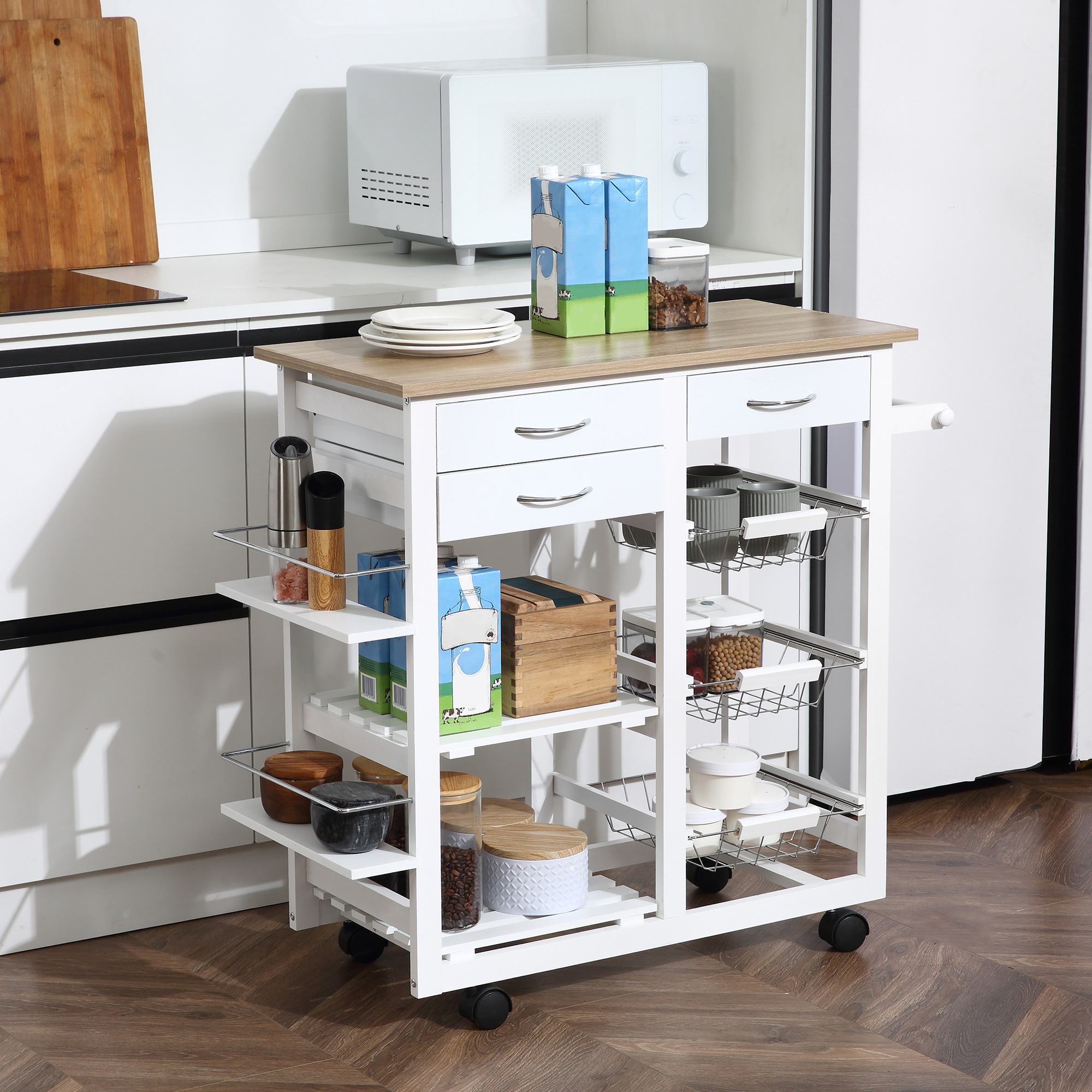 HOMCOM Rolling Kitchen Island on Wheels Trolley Utility Cart with Spice ...