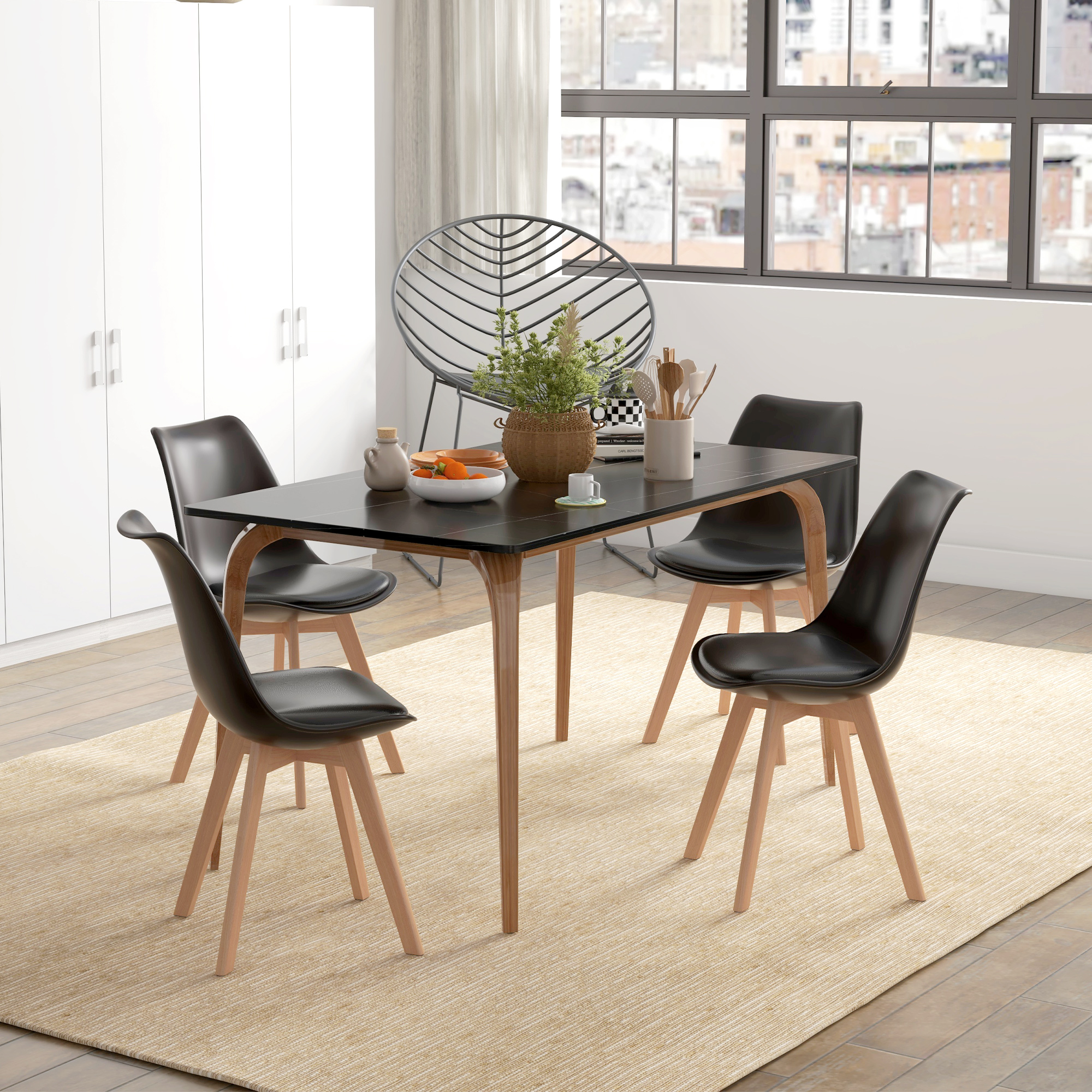 HOMCOM Modern Dining Table Chairs Set of 4, Rubber Wood Kitchen Table ...