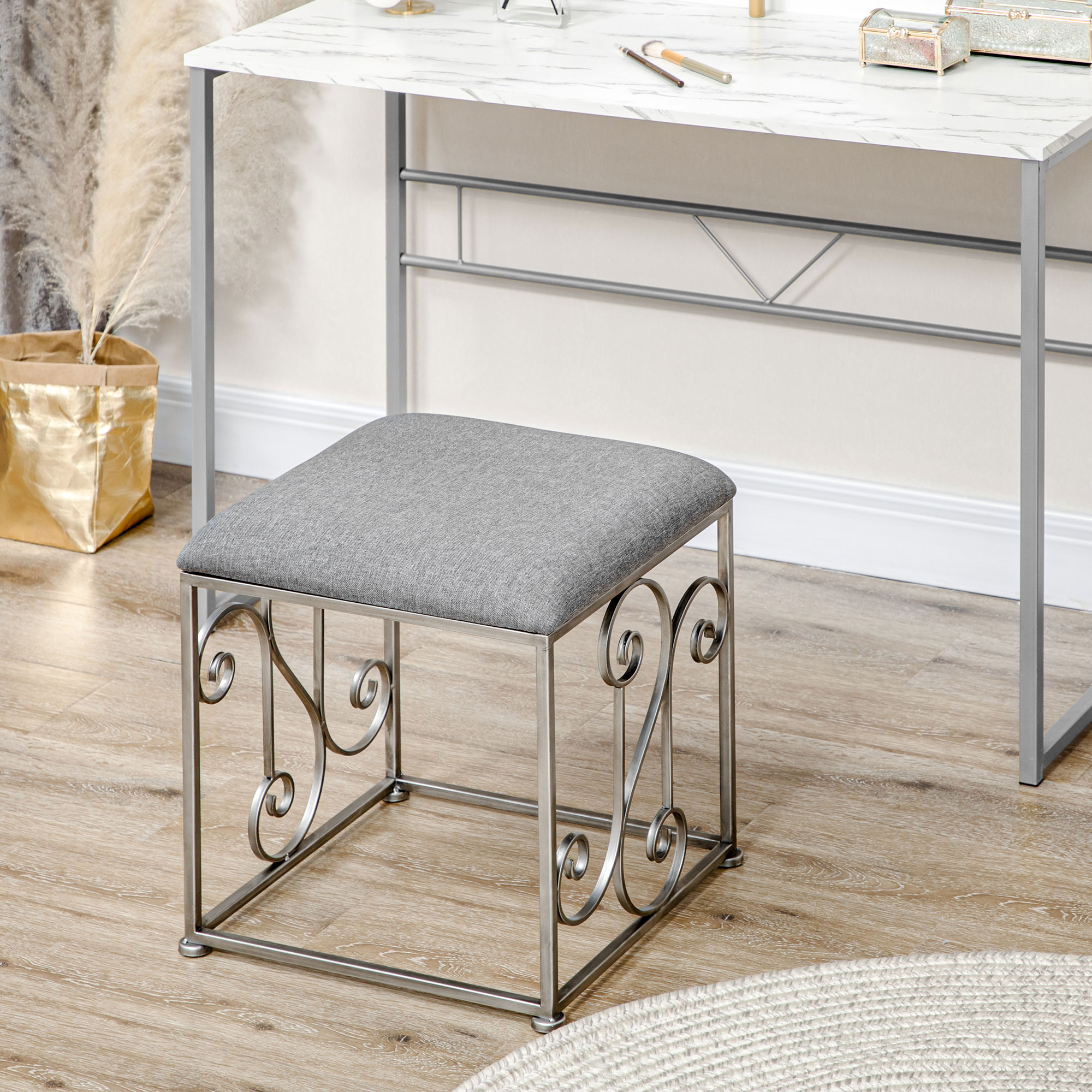 HOMCOM Vintage Foot Stool, French Ottoman with Linen Touch Fabric ...