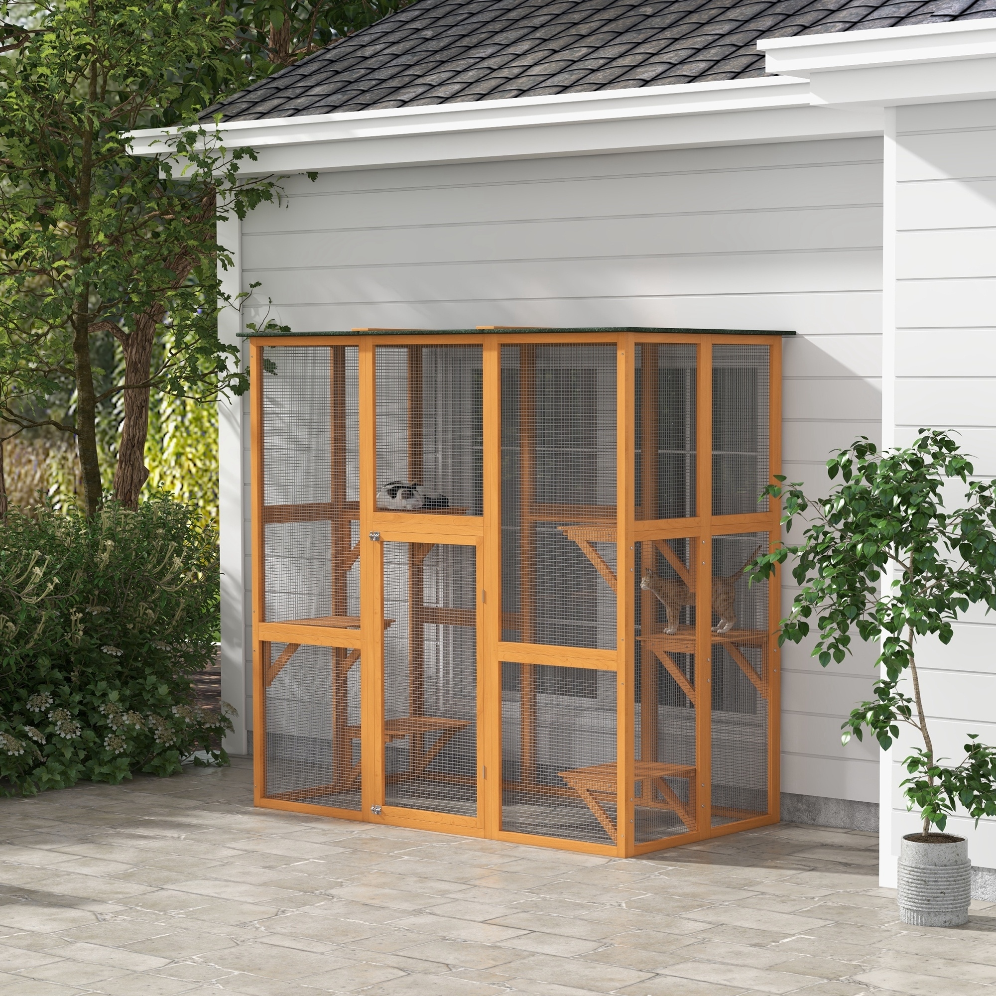 PawHut Large Outdoor Catio Enclosure, Wooden Cat Patio with 6 Balanced ...