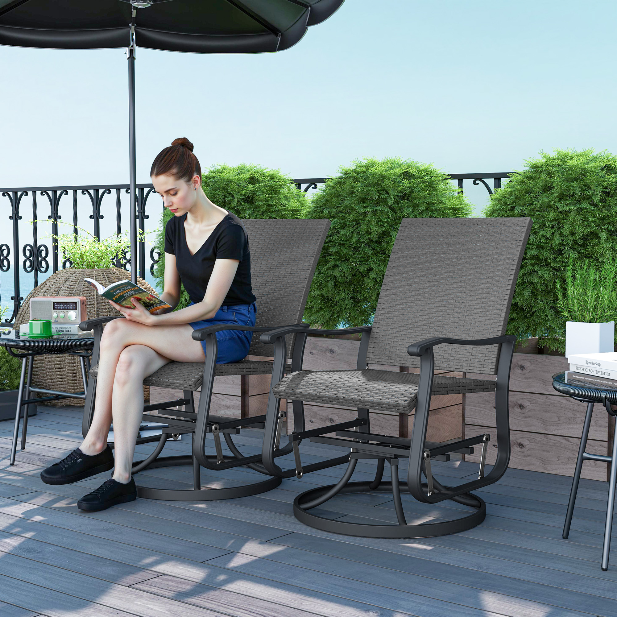 Outsunny Set of 2 Rattan Patio Glider, Wicker Outdoor Swivel Glider ...