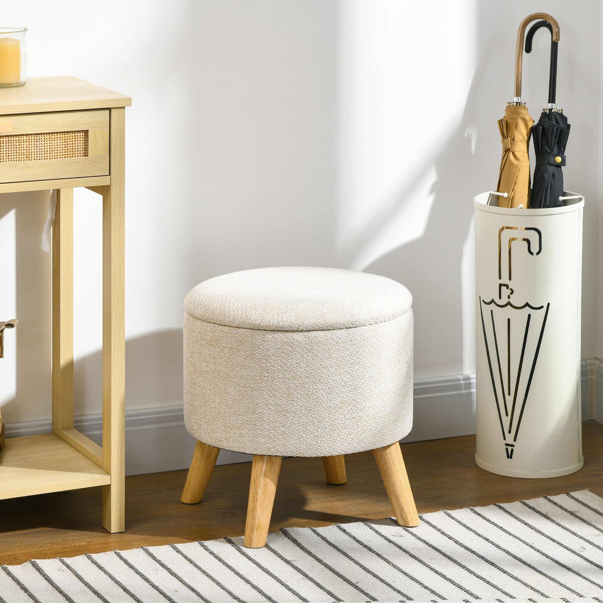 HOMCOM Round Ottoman Stool with Hidden Storage and Wood Legs, White ...