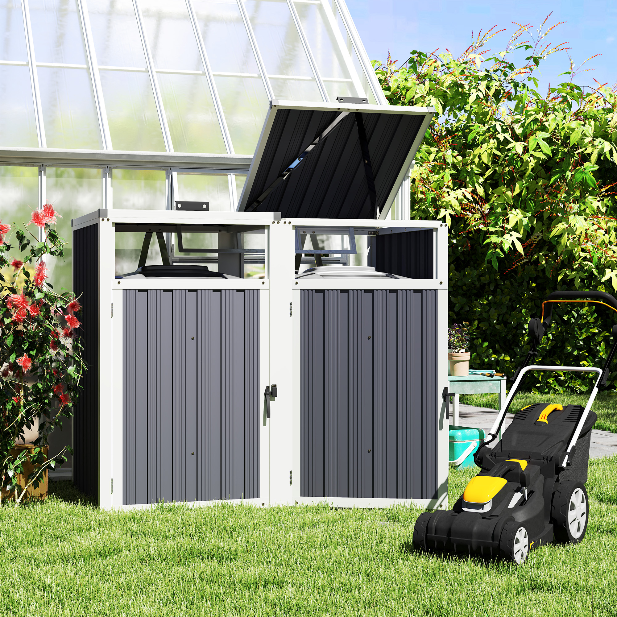 Outsunny Double Garbage Bin Shed, Lockable Outdoor Storage Shed with ...