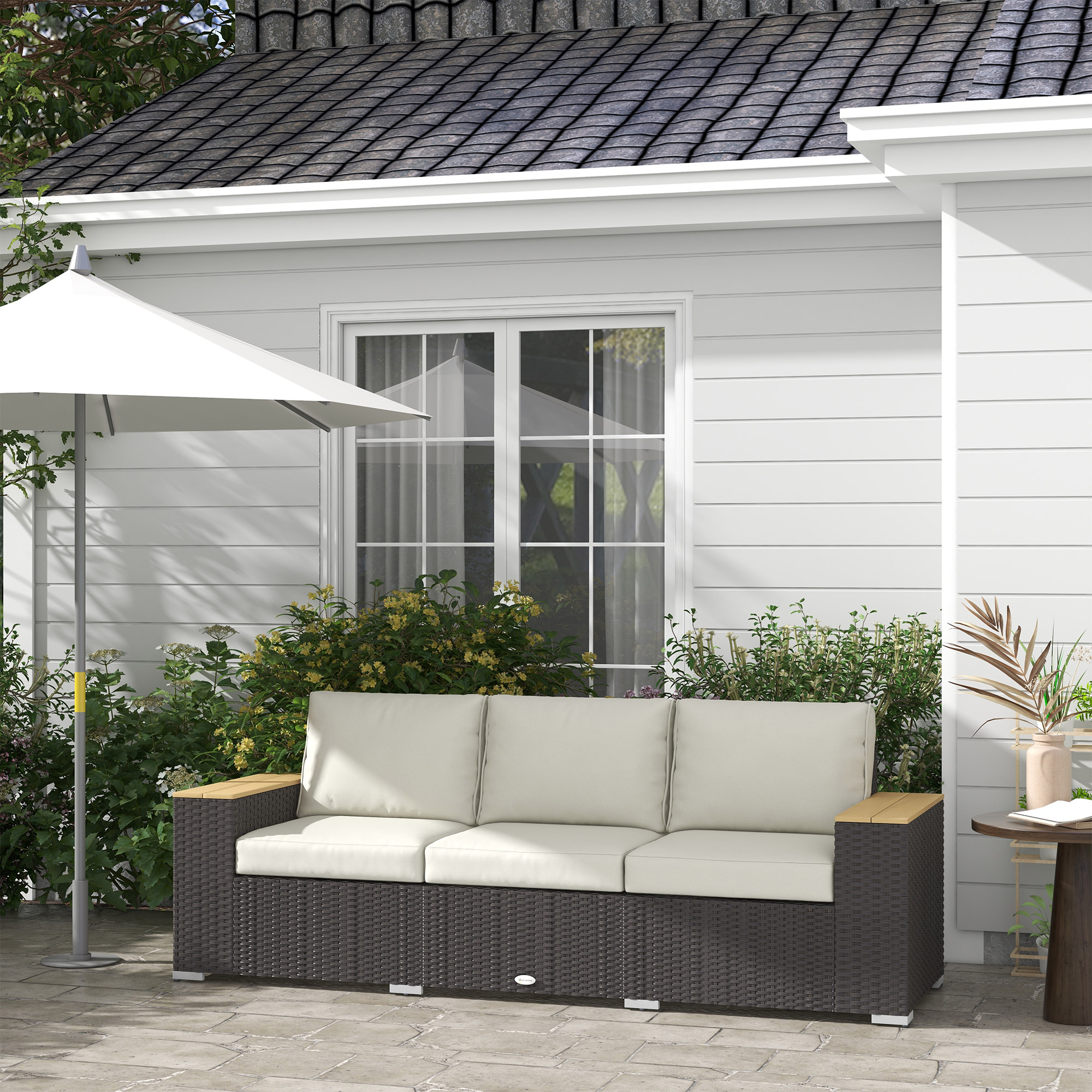 Outsunny 3-Seat Outdoor Couch with Cushions, PE Rattan Patio Couch with ...