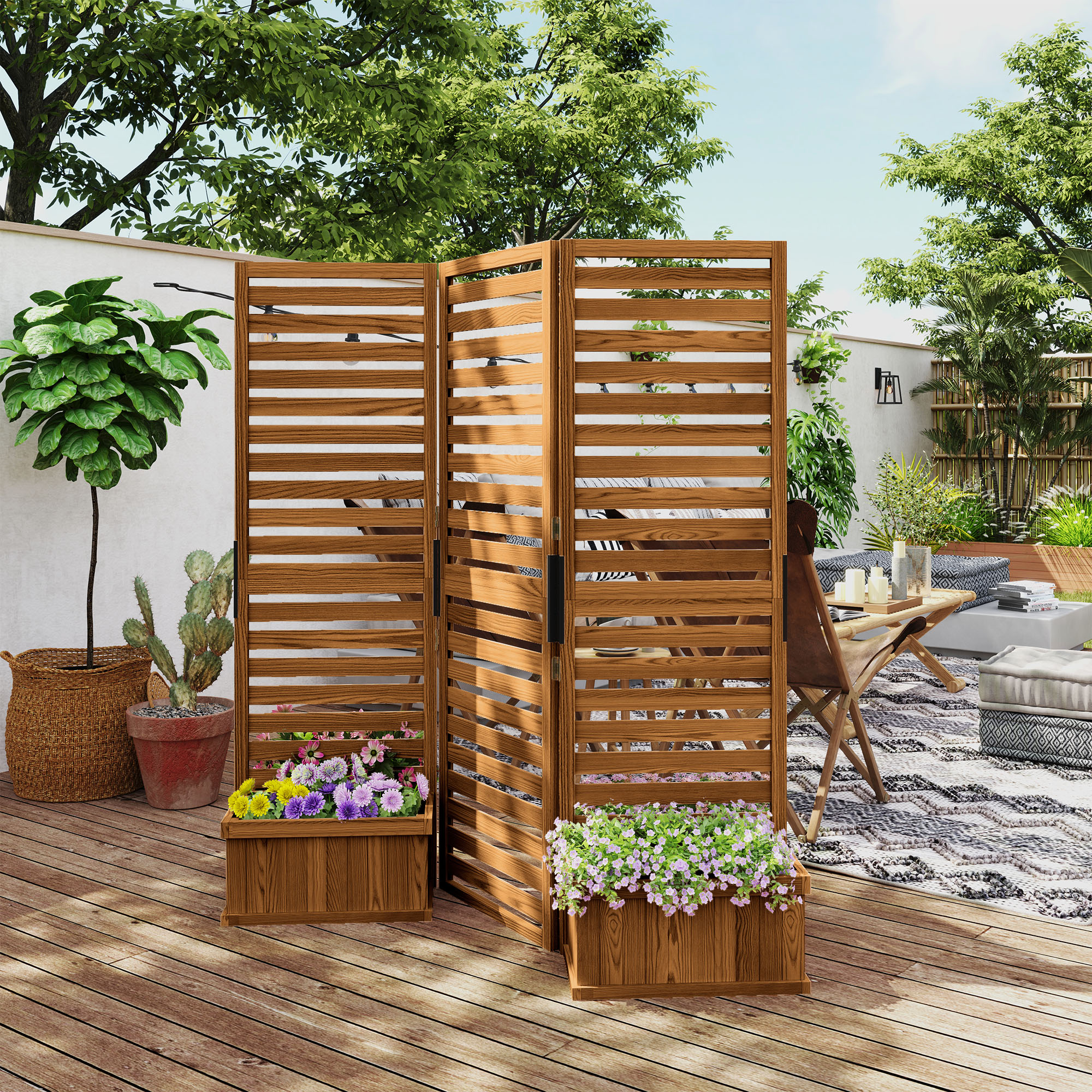 Outsunny Outdoor Privacy Screen Wood Privacy Panel with 4 Planter Boxes ...