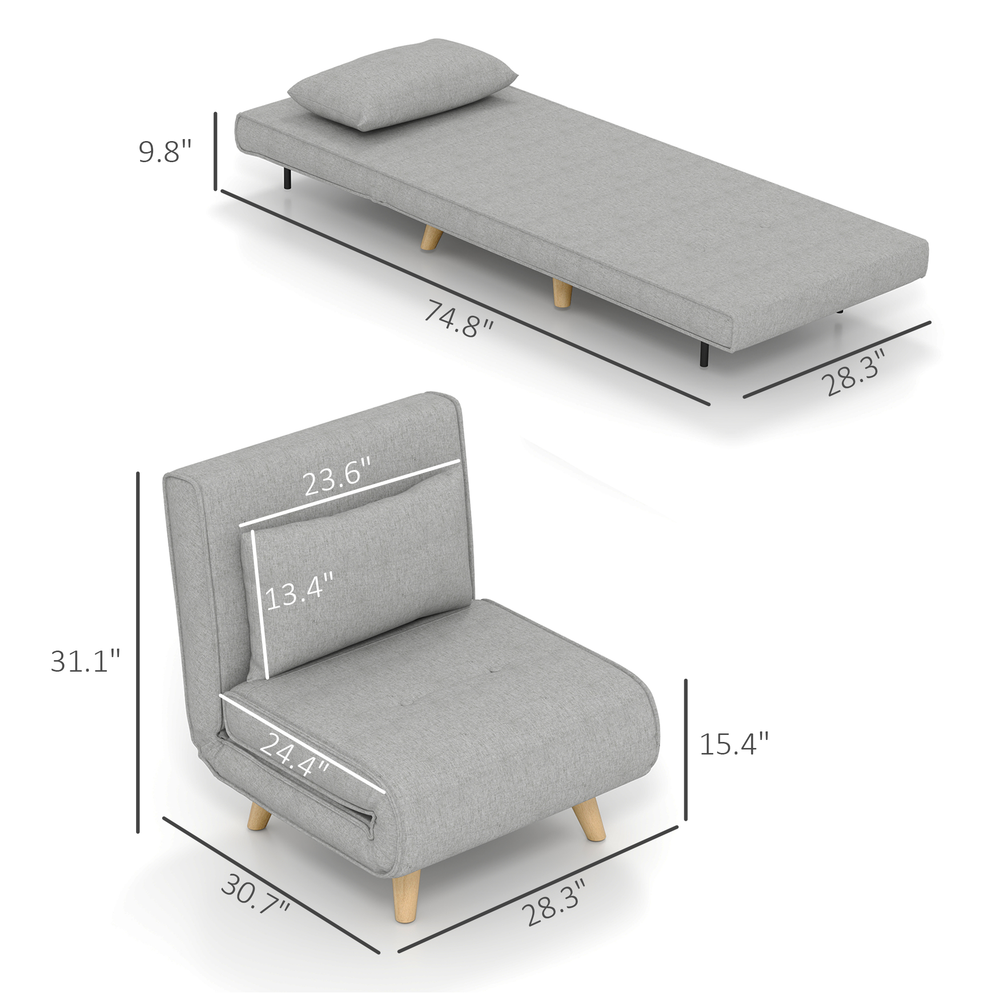 HOMCOM Chair Bed W/ Adjustable Backrest, 2-in-1 Multi-Functional Sofa ...