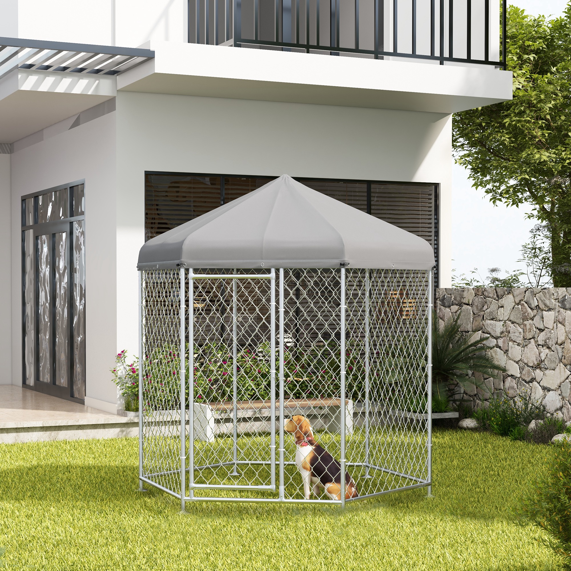 PawHut 6.9' x 6.1' x 7' Outdoor Dog Kennel Dog Run with Waterproof, UV ...