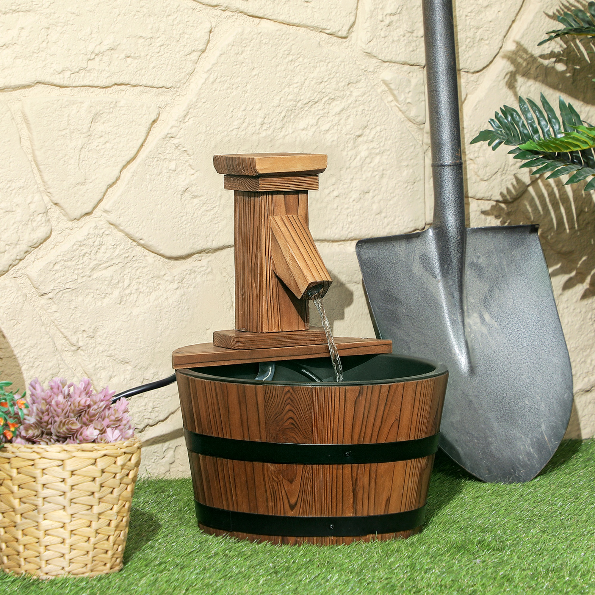 Outsunny Outdoor Waterfall Fountain, Garden Wood Barrel, Carbonized ...