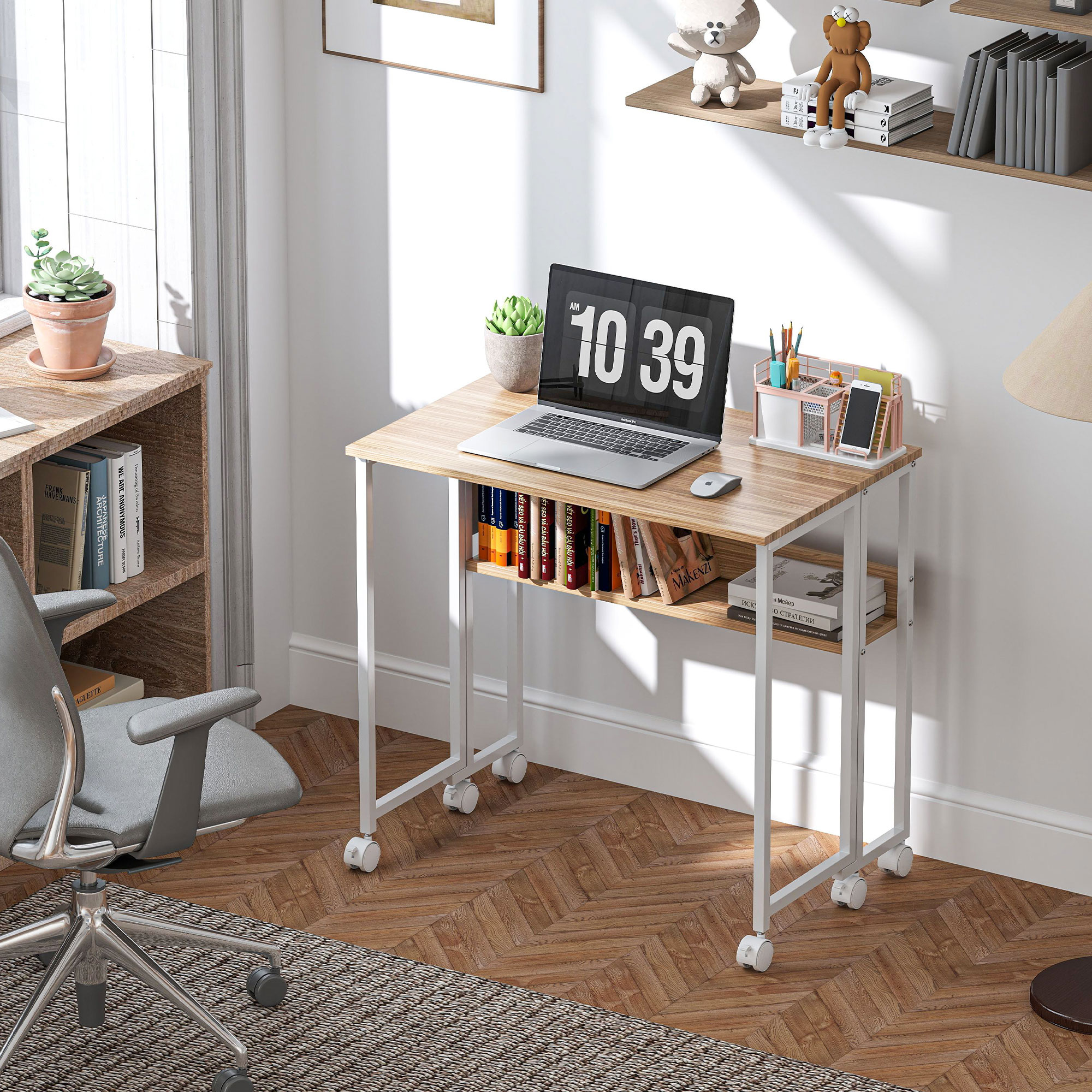 HOMCOM Folding Computer Desk, Foldable Desk with Storage Bag, Shelf and ...