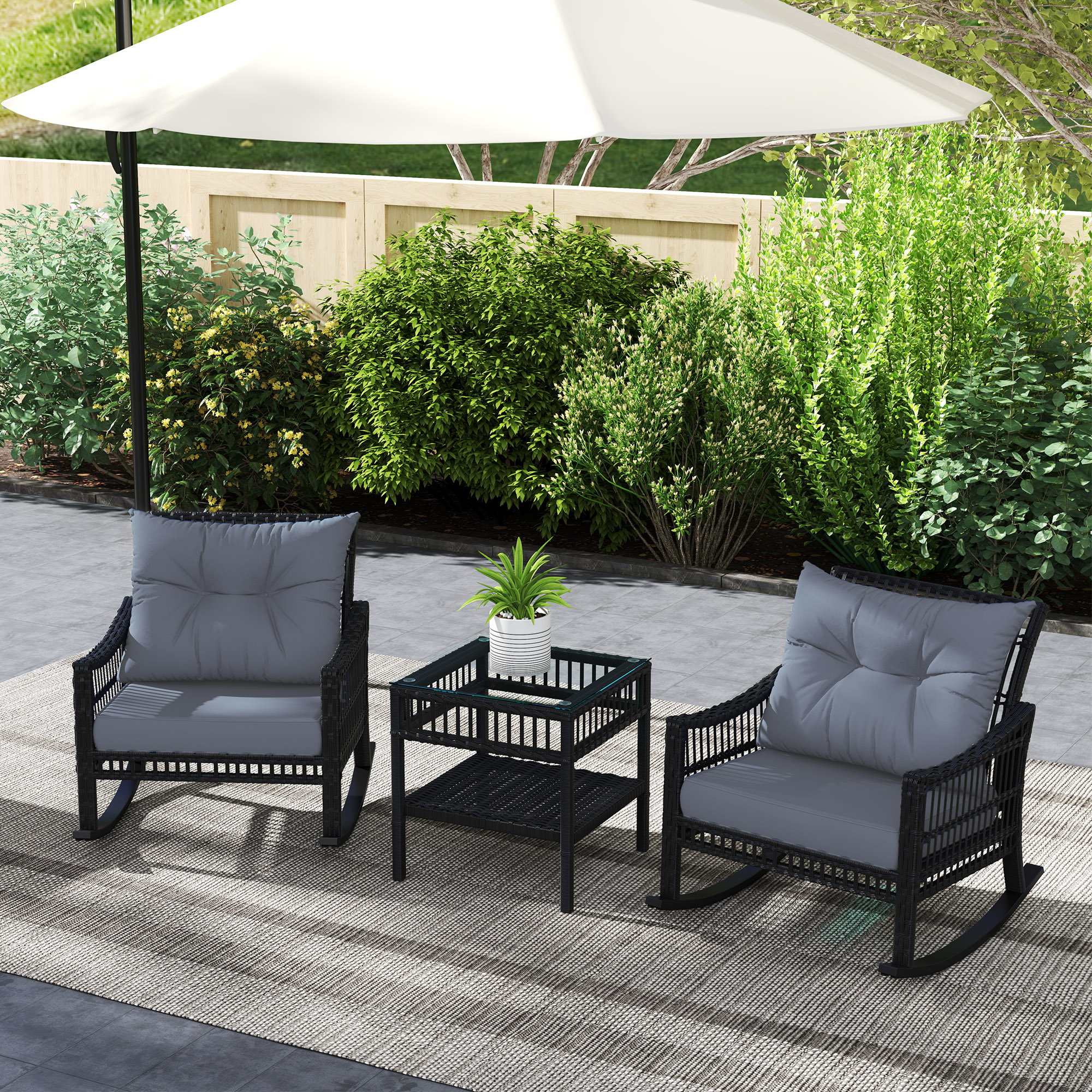 Outsunny 3 Pieces Outdoor PE Rattan Rocker Chair Set, Rocking Chair ...