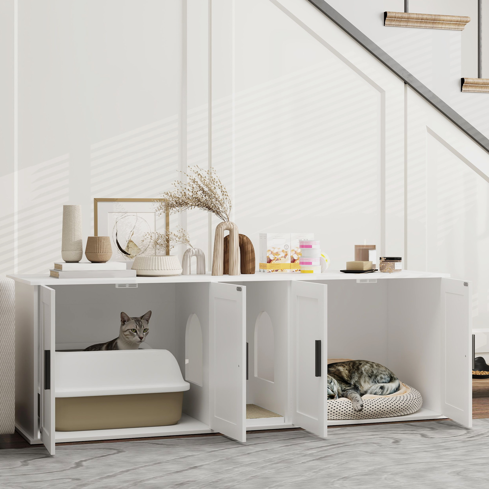 PawHut Cat Litter Box Enclosure with Double Room, Scratching Board for ...