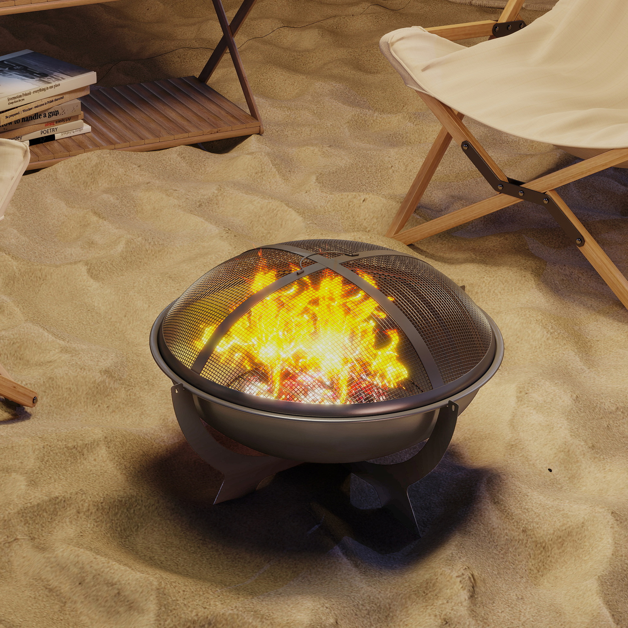 Outsunny Outdoor Round Fire Pit with Lid, Wood Burning Firepit for ...