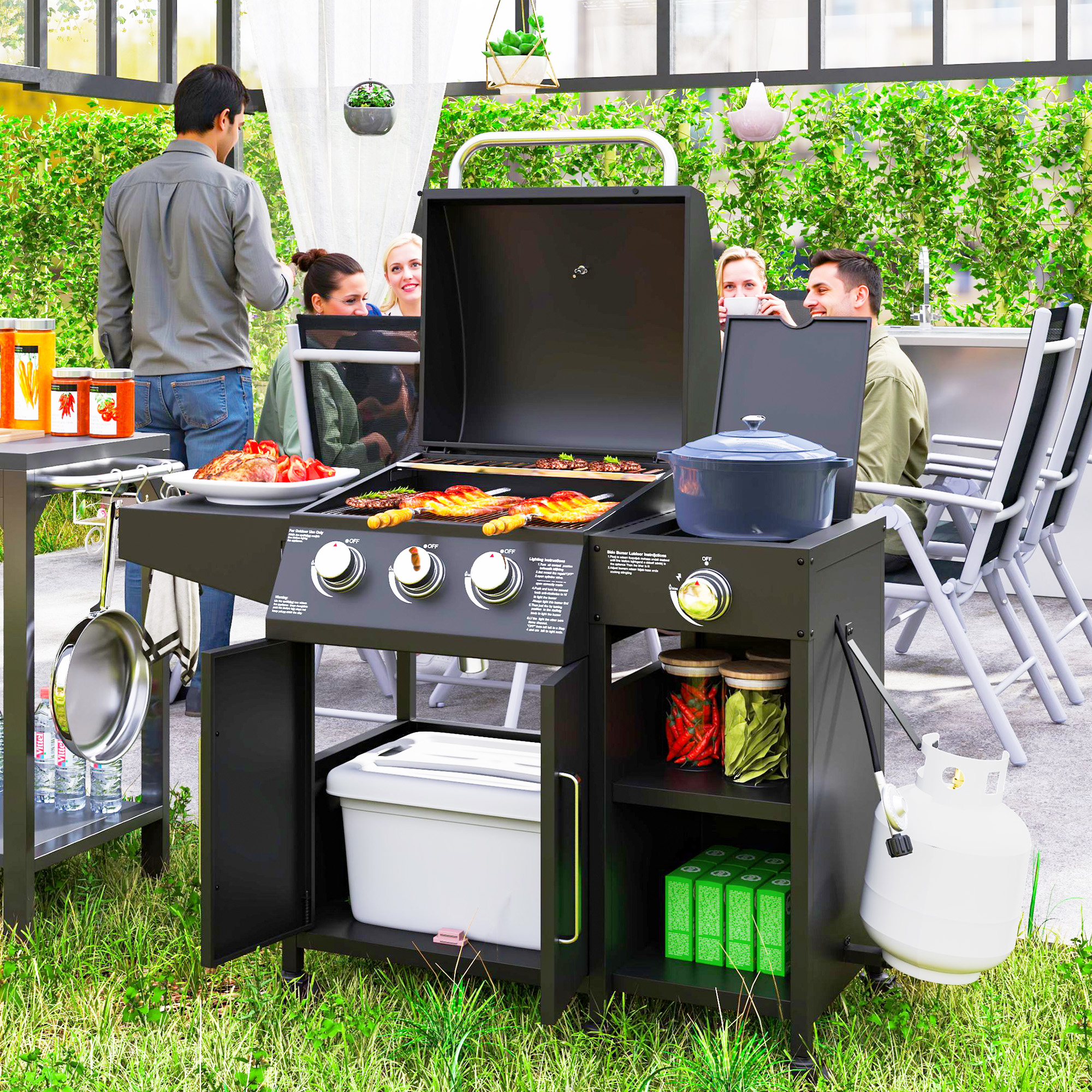 Outsunny 3 Burner Gas Grill with Side Burner, 9.5 KW Propane BBQ Grill ...