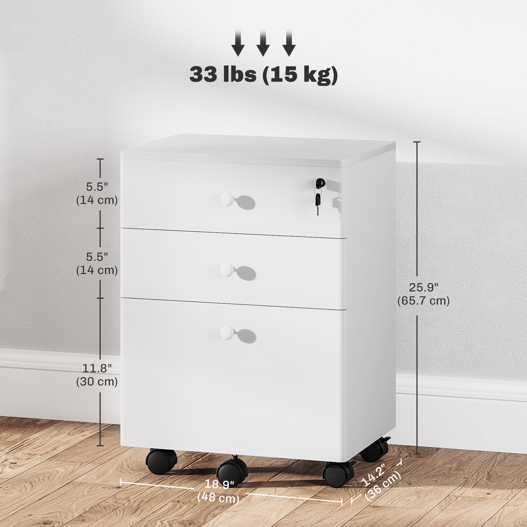 HOMCOM 3-Drawer Small Filing Cabinet with Lock, Vertical Office Storage ...
