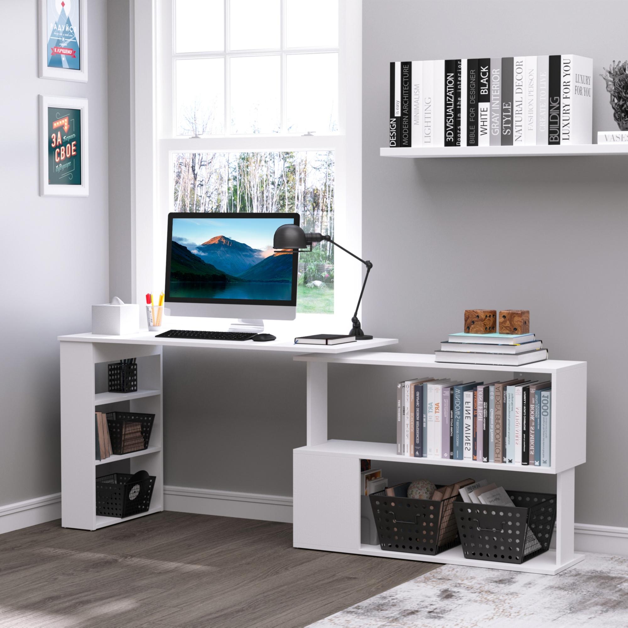 HOMCOM 360° Rotating Home Office Desk L Shaped Corner Computer Desk ...
