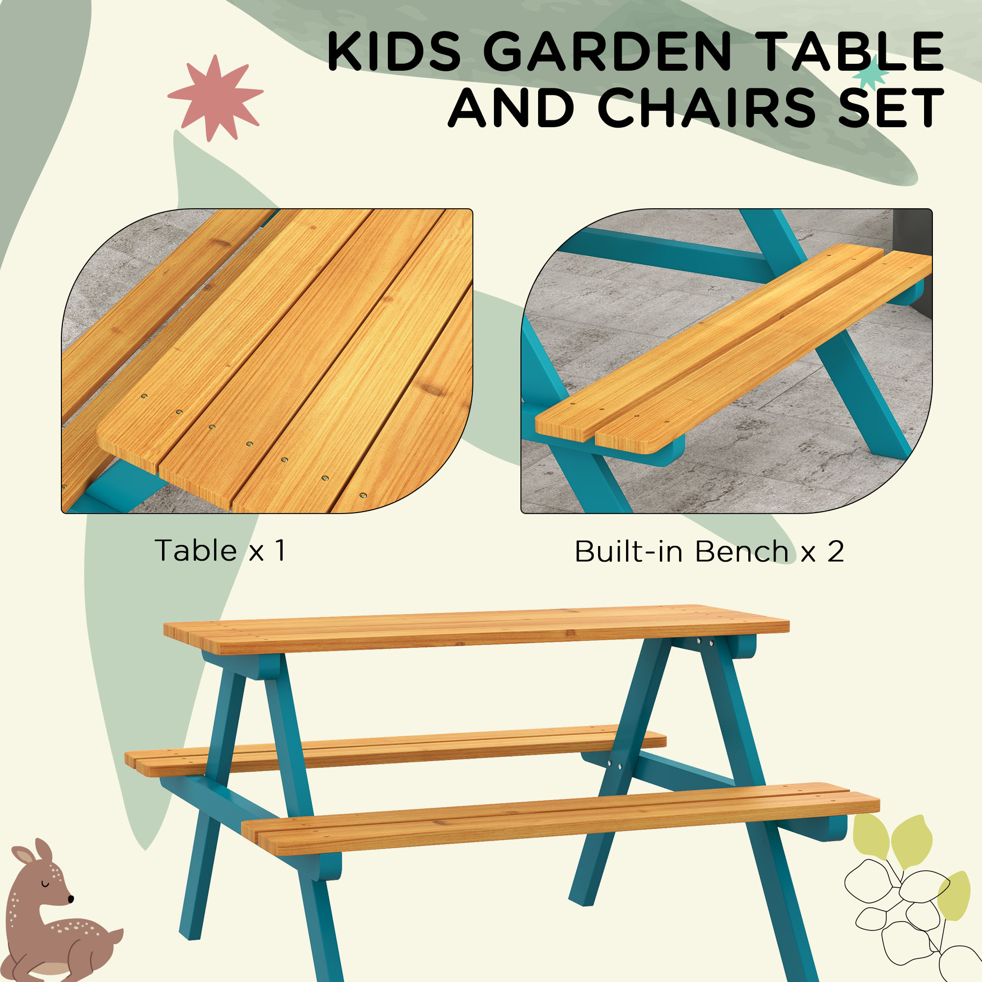 Outsunny Kids Outdoor Table Set Wooden Toddler Picnic Table & Benches ...