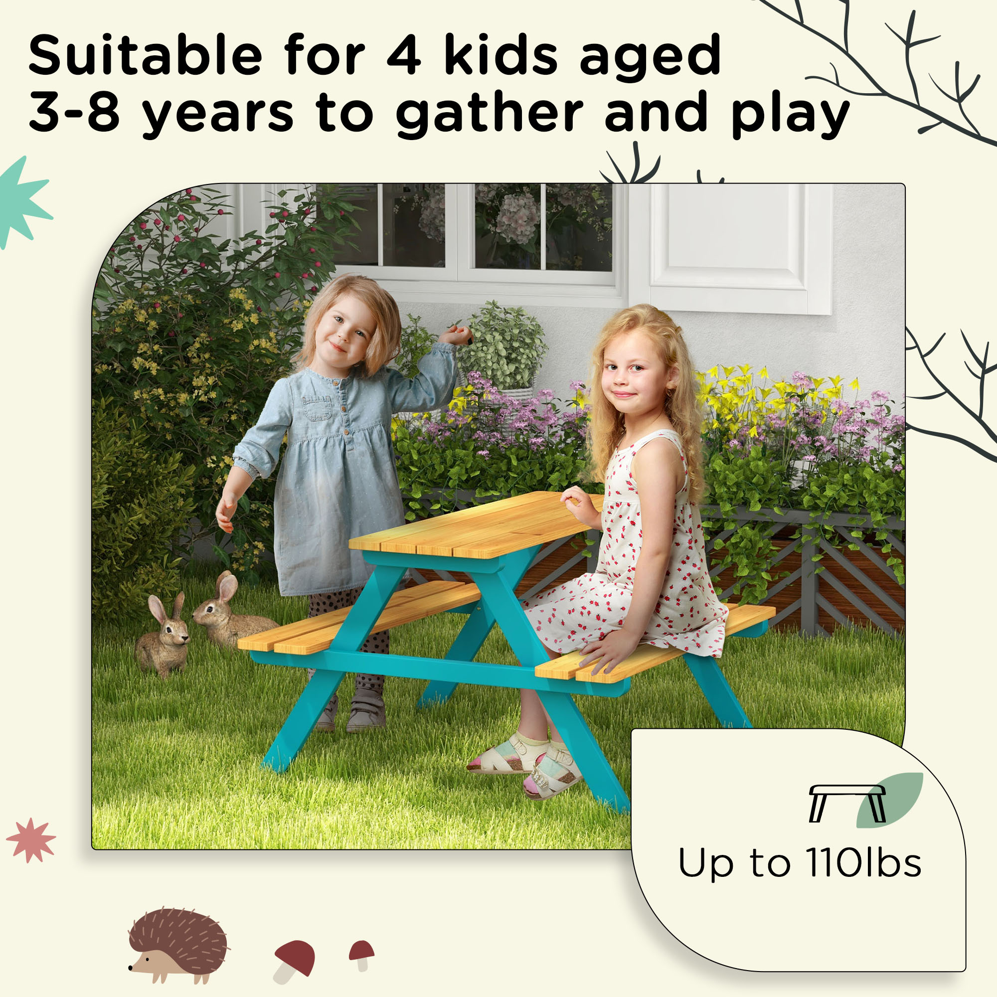 Outsunny Kids Outdoor Table Set Wooden Toddler Picnic Table & Benches ...