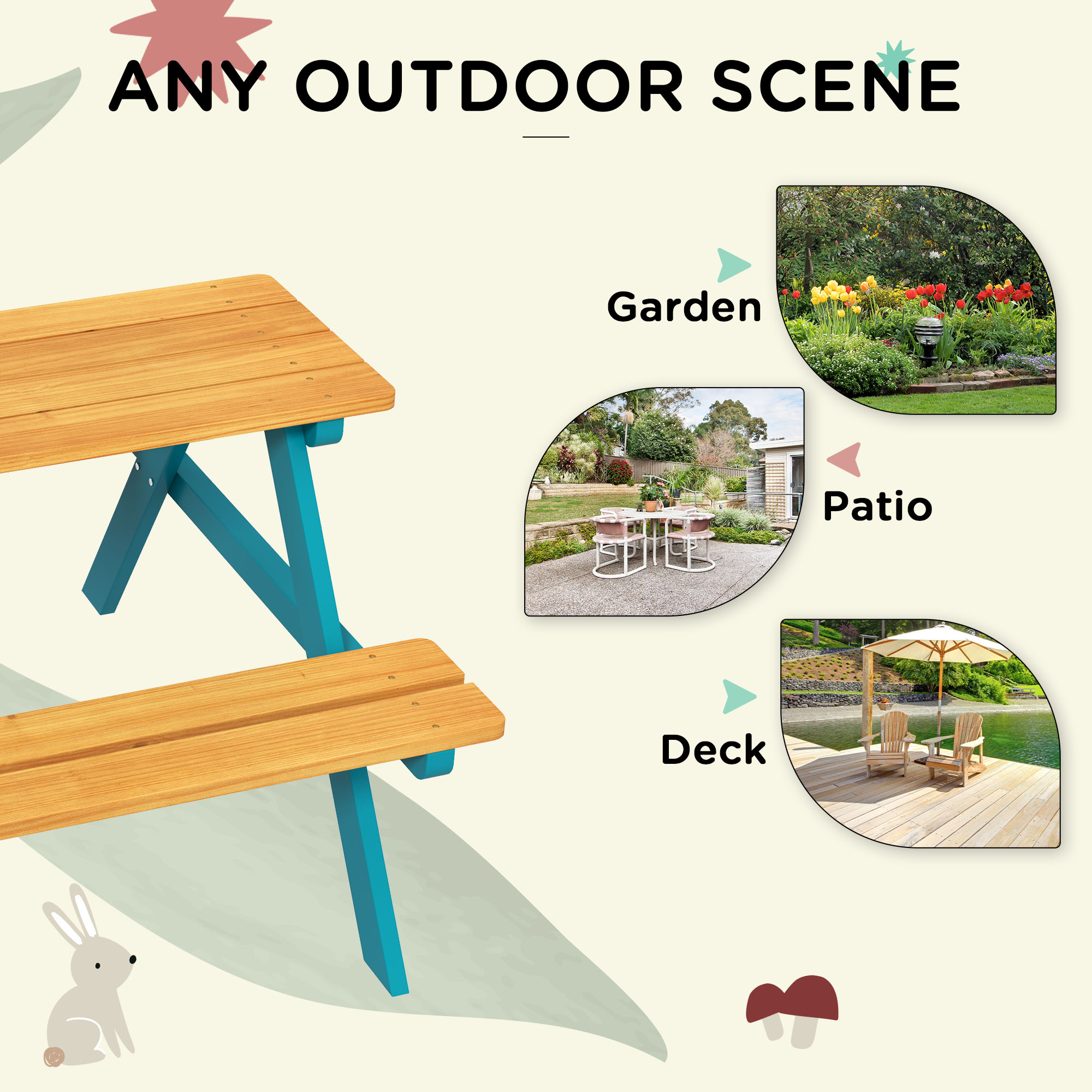 Outsunny Kids Outdoor Table Set Wooden Toddler Picnic Table & Benches ...