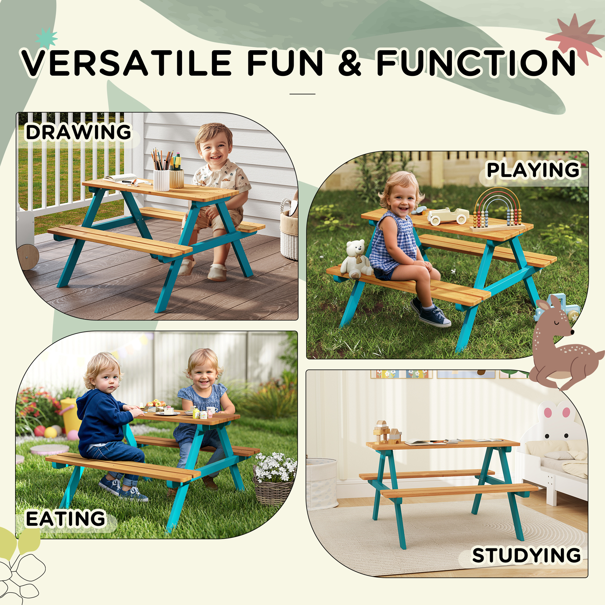 Outsunny Kids Outdoor Table Set Wooden Toddler Picnic Table & Benches ...