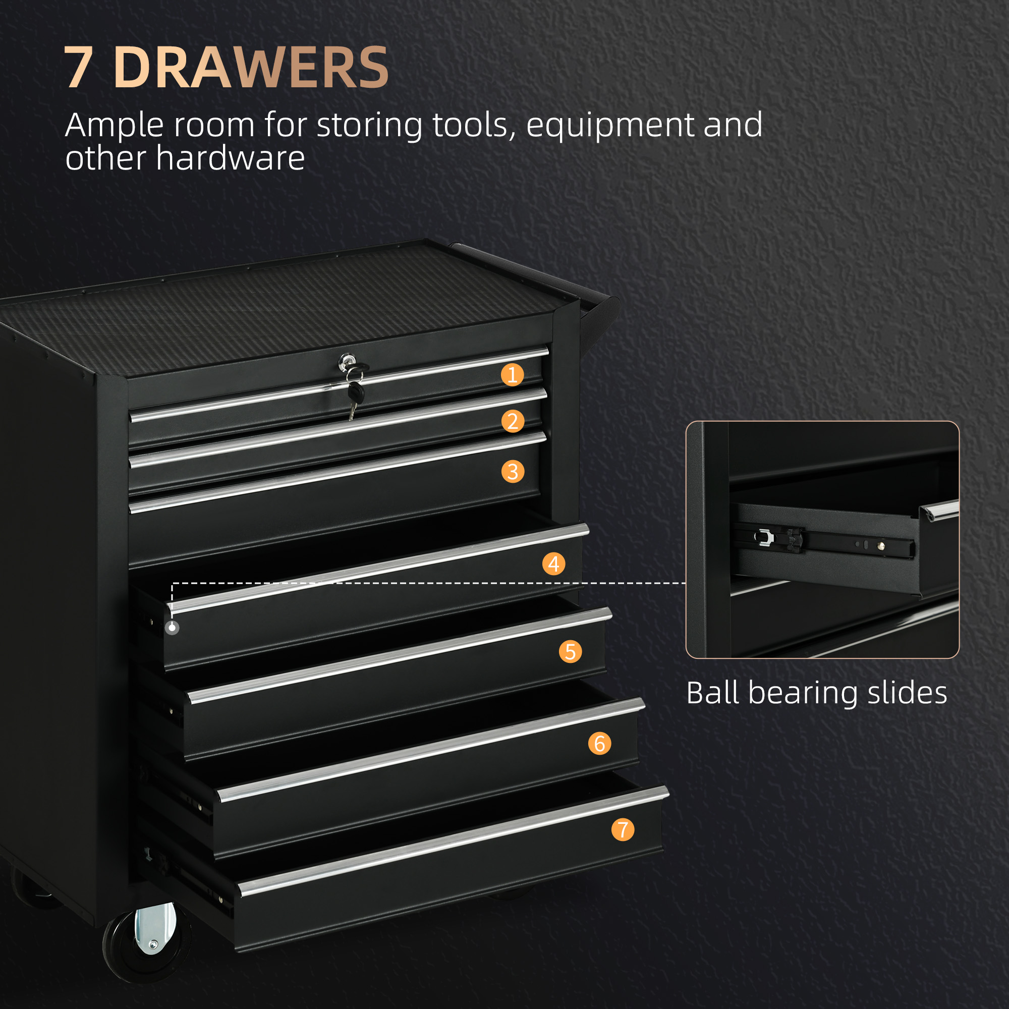 HOMCOM Mobile Lockable Toolbox, 7 Drawer Tool Chest, Storage Organizer ...