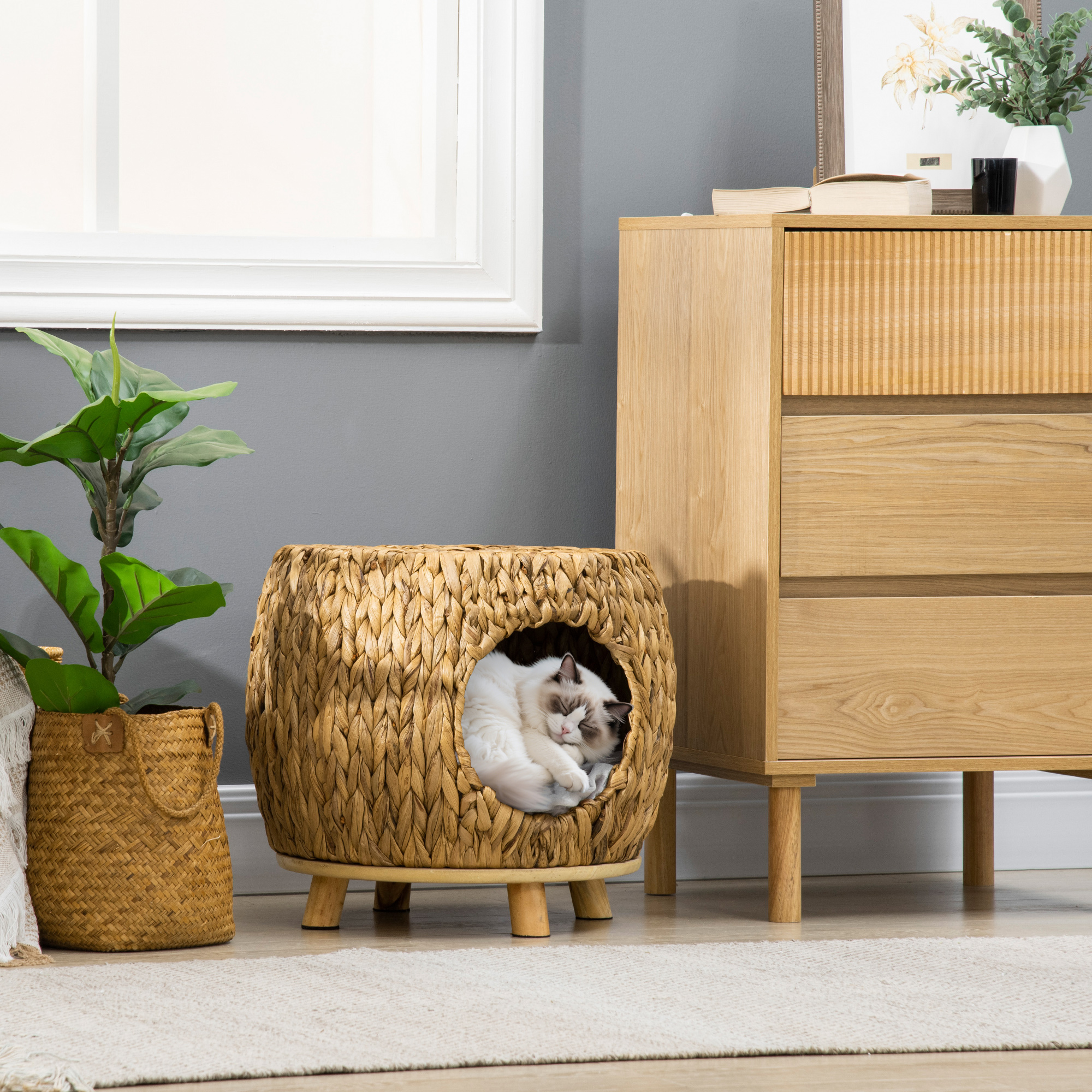 PawHut Wicker Cat Bed with Washable Cushion, Elevated Rattan Kitten Bed ...