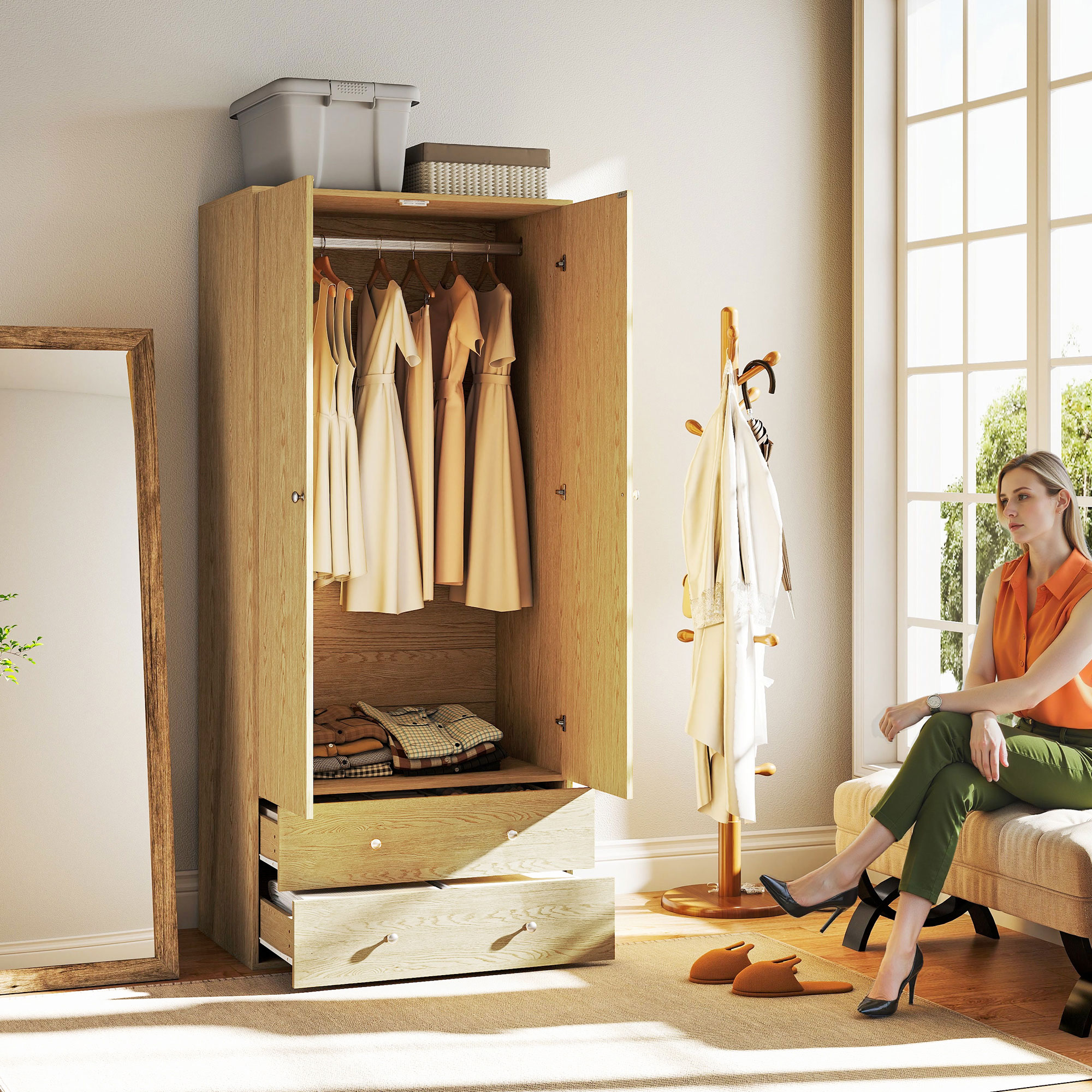 HOMCOM Modern Wardrobe Closet Armoire with 2 Drawers and Hanging Rod ...