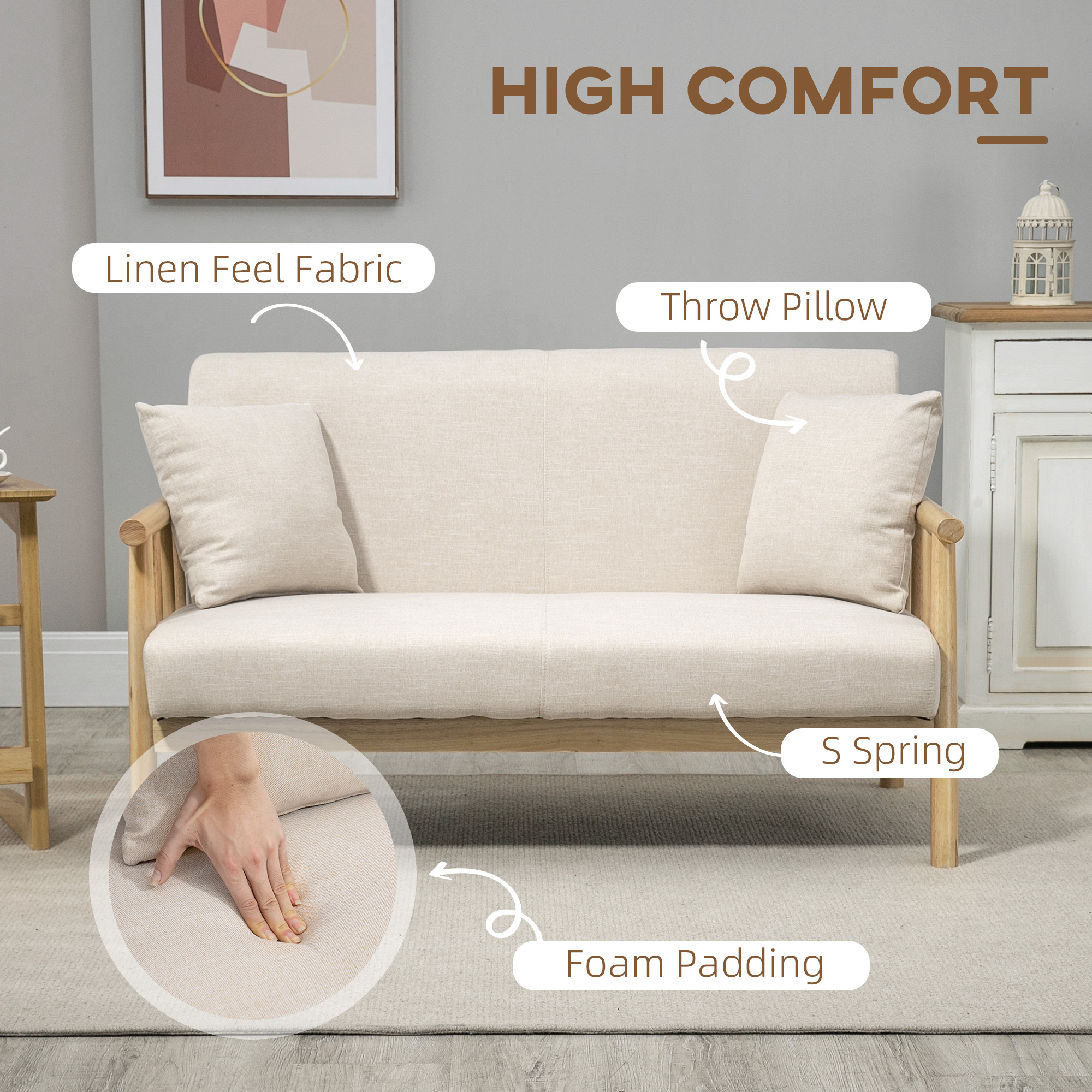 HOMCOM Upholstered Loveseat Sofa for Bedroom, Beige | Aosom.com