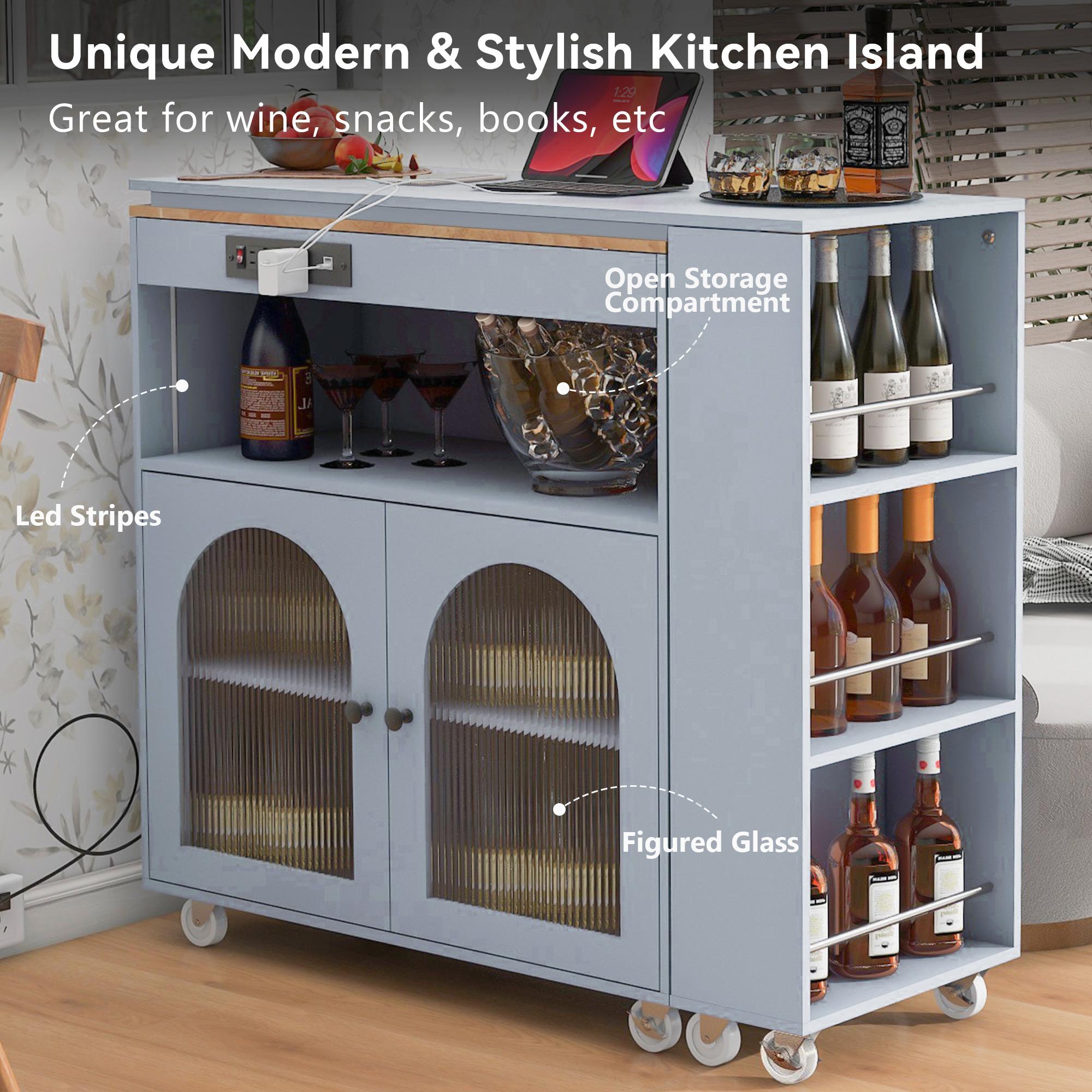 Extended LED Kitchen Island with Power Outlets, Slate Blue | Aosom.com