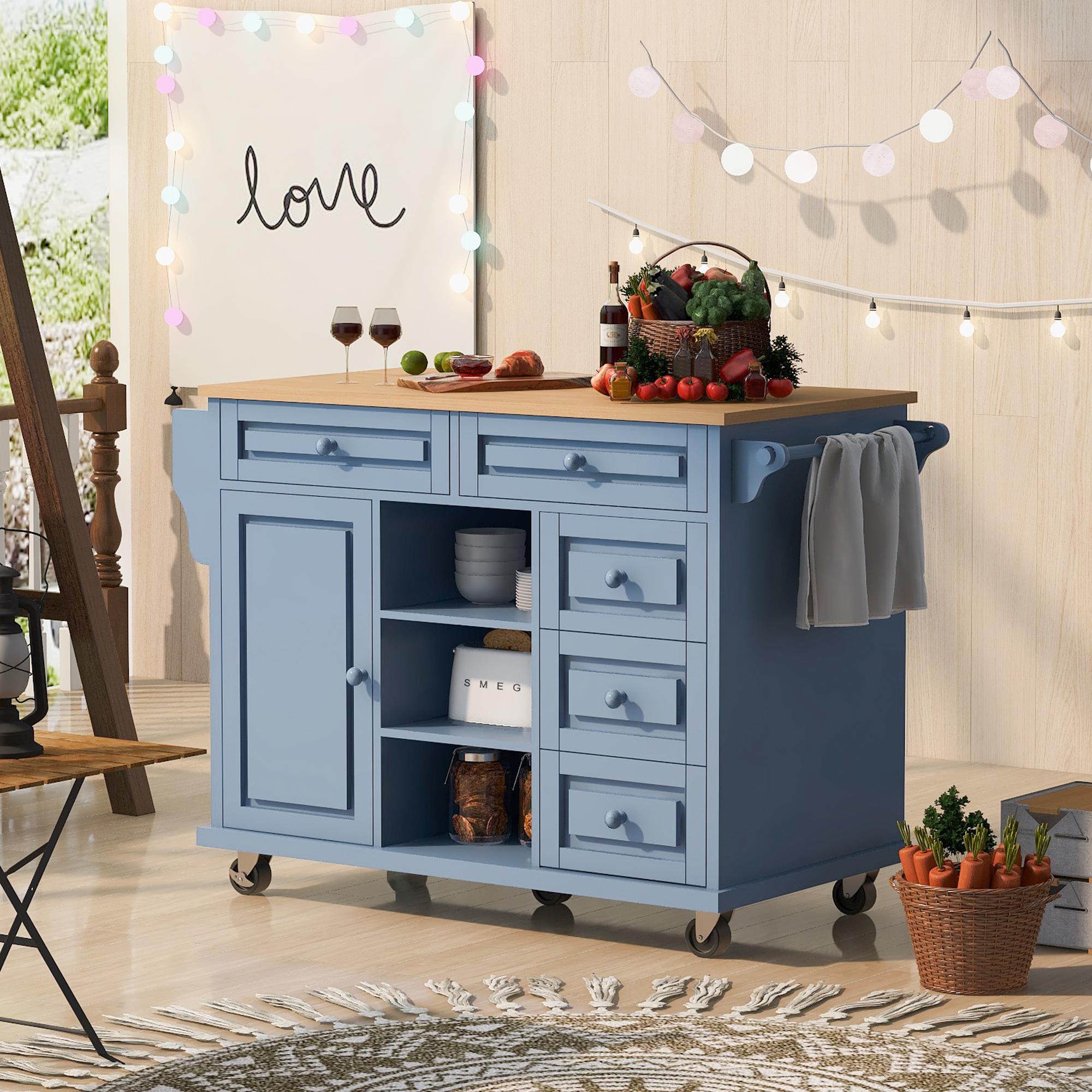 Rolling Kitchen Island Cart with 5 Drawers, Blue | Aosom.com