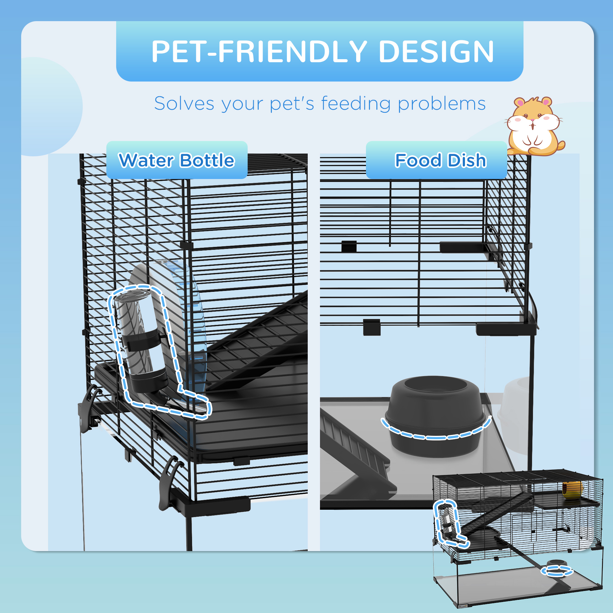 PawHut Hamster Cage, Gerbil Cage with Glass Basin for Small Hamsters ...