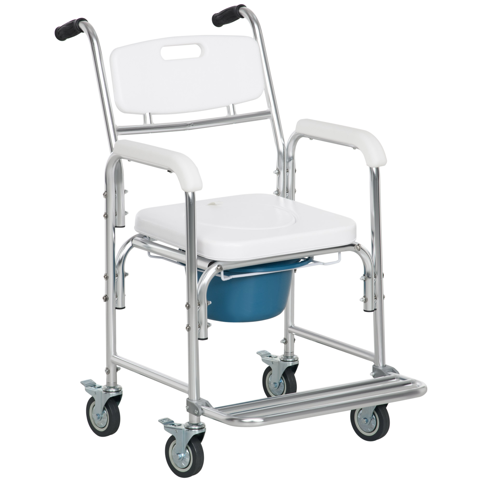 HOMCOM 3 in 1 Shower Commode Wheelchair, Transport Beside Commode Chair ...