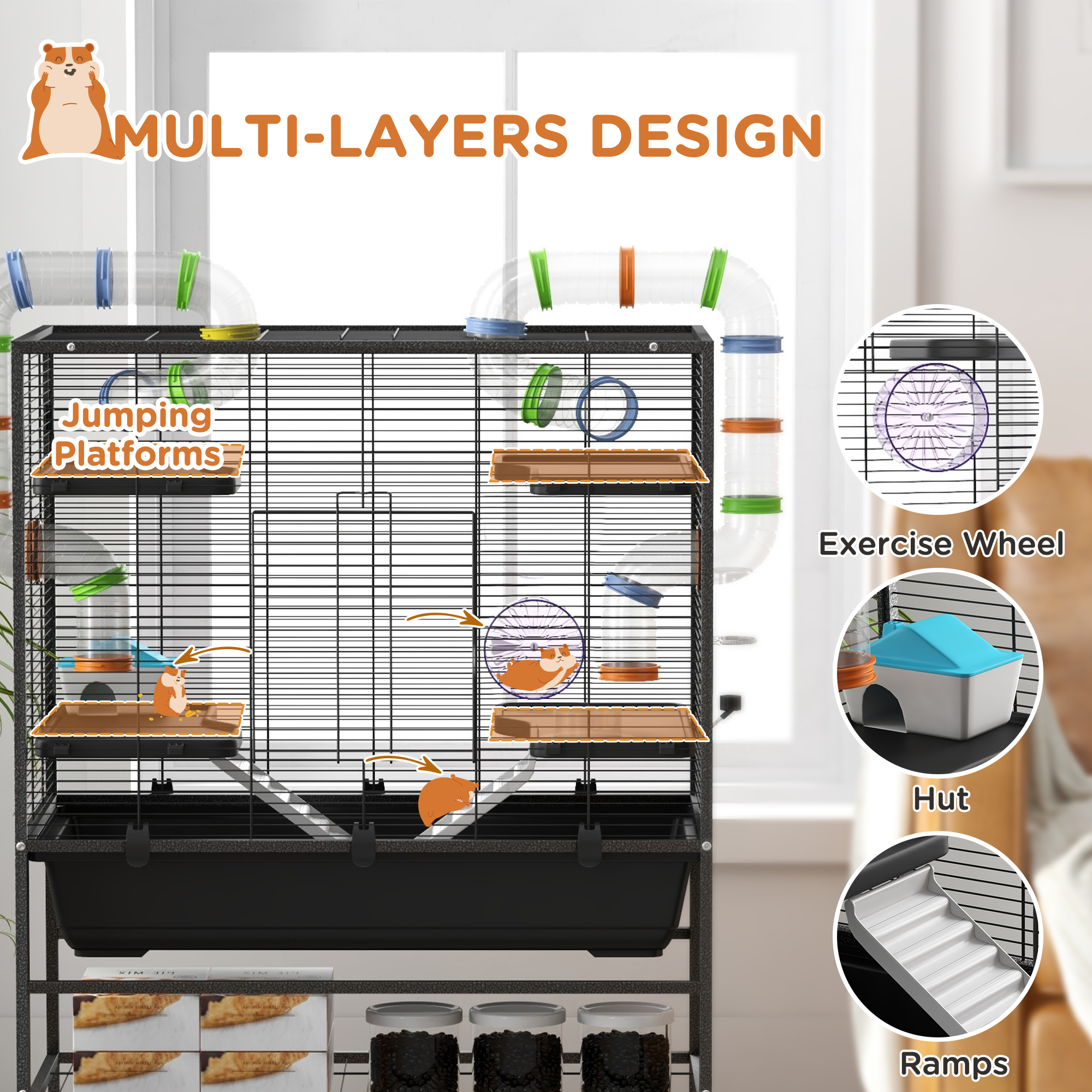 PawHut Small Animal Cage for Syrian Hamster, Dwarf Hamster Gerbil Cage ...