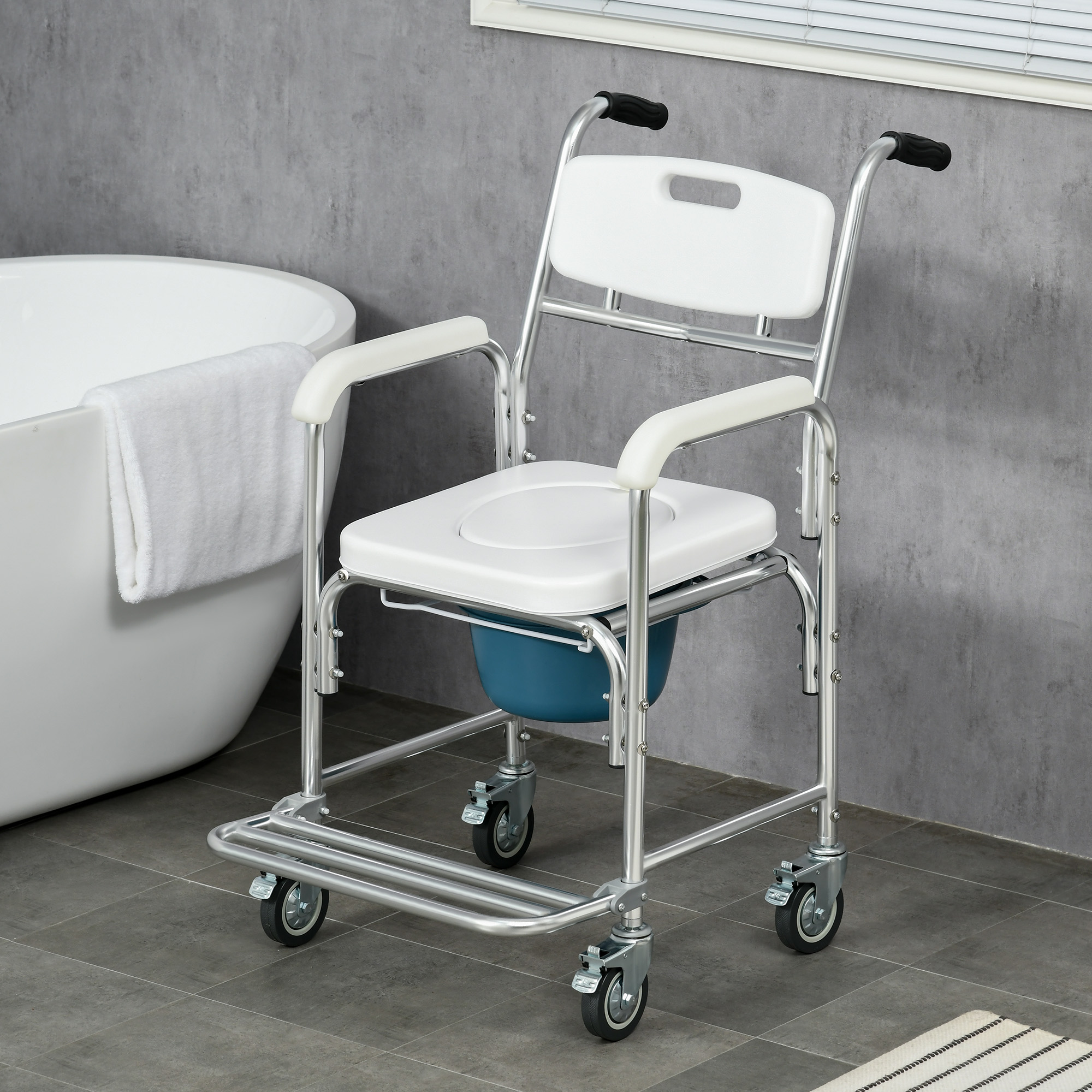 HOMCOM 3 in 1 Shower Commode Wheelchair, Transport Beside Commode Chair ...