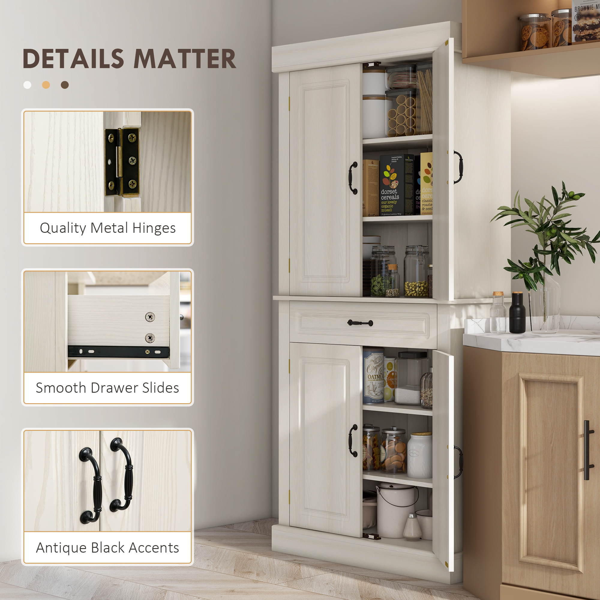 HOMCOM Large Freestanding Kitchen Pantry Cabinet, Distressed White ...