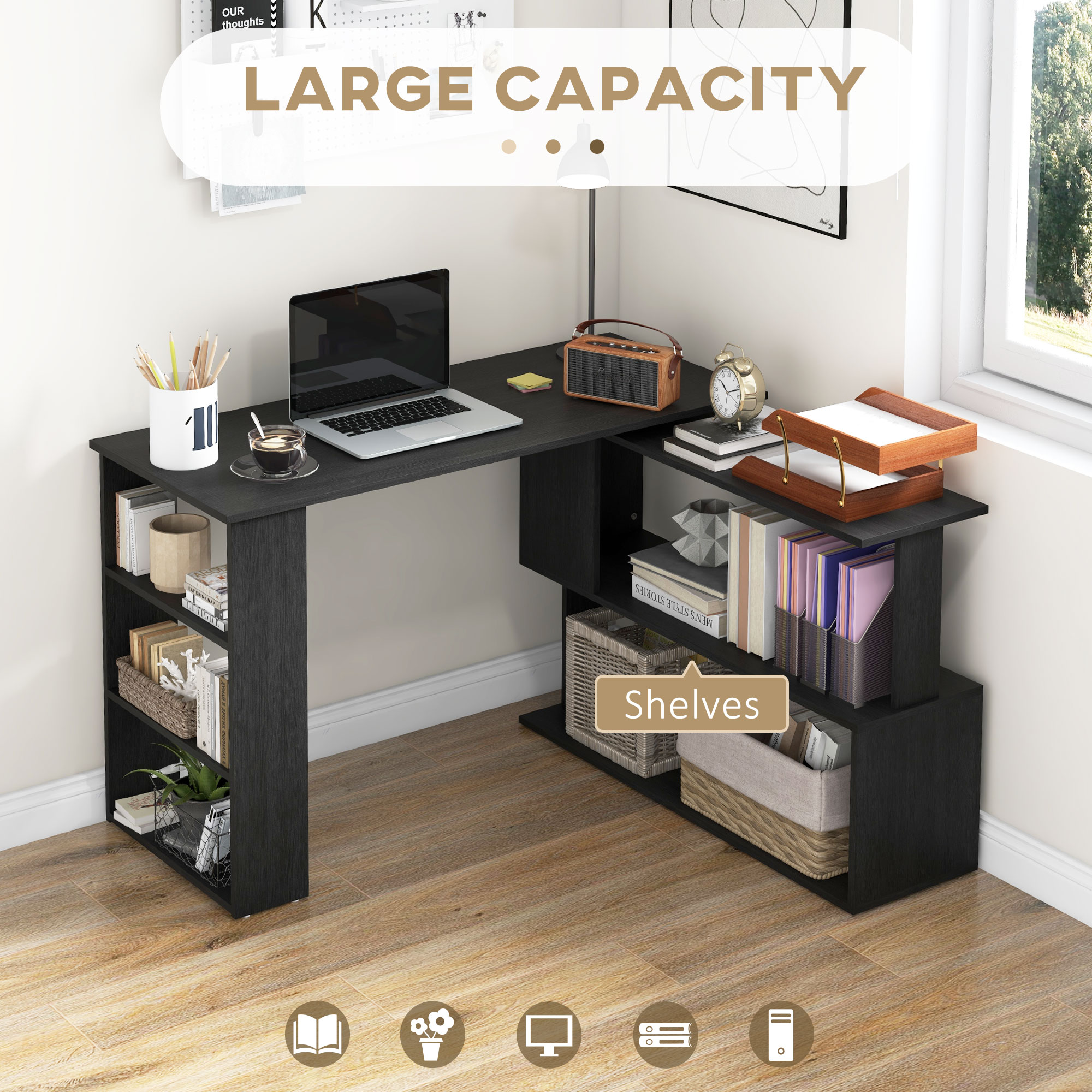 HOMCOM 360° Rotating Home Office Desk L Shaped Corner Computer Desk ...