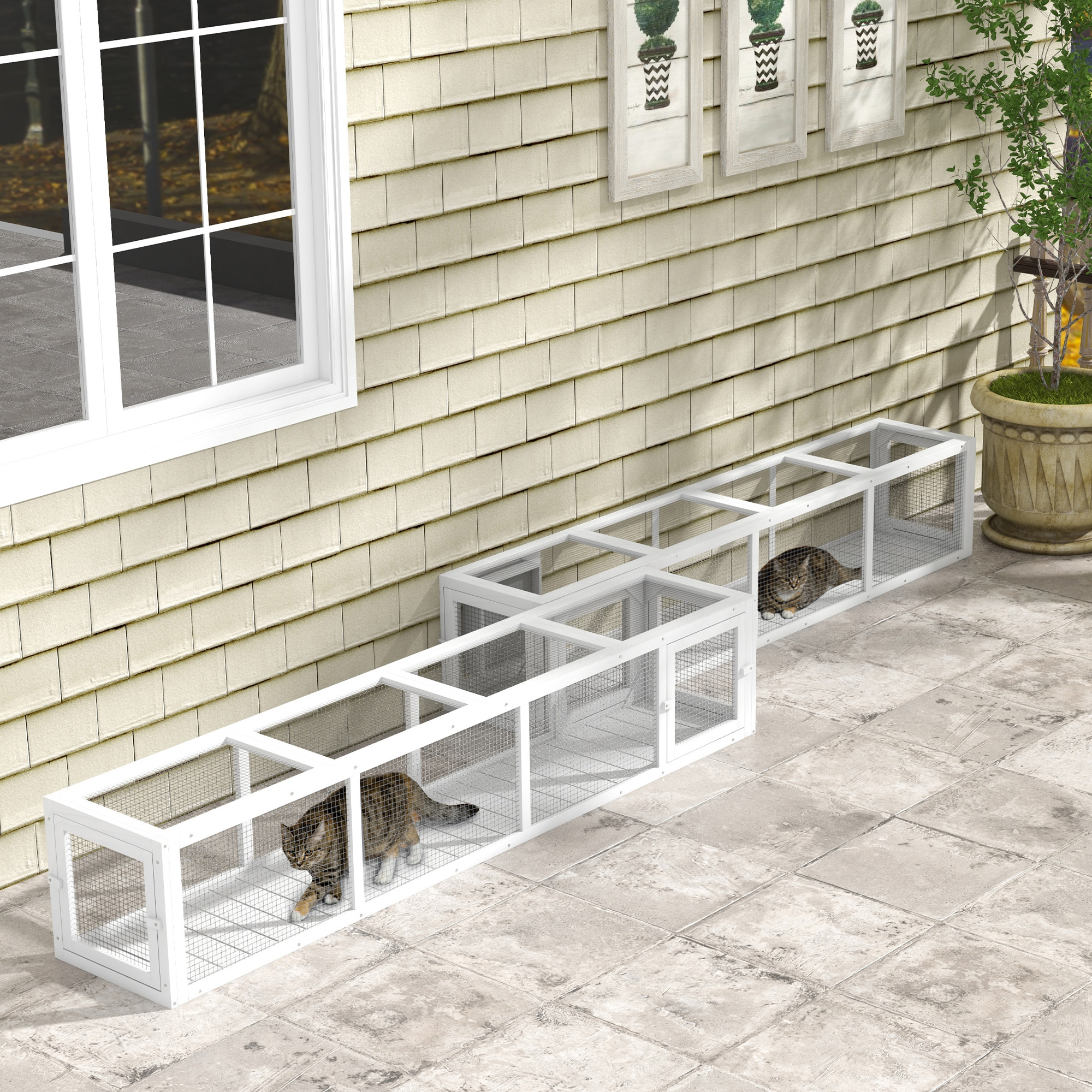 PawHut Wooden Cat Run with Weather Protection, Connecting Inside and ...