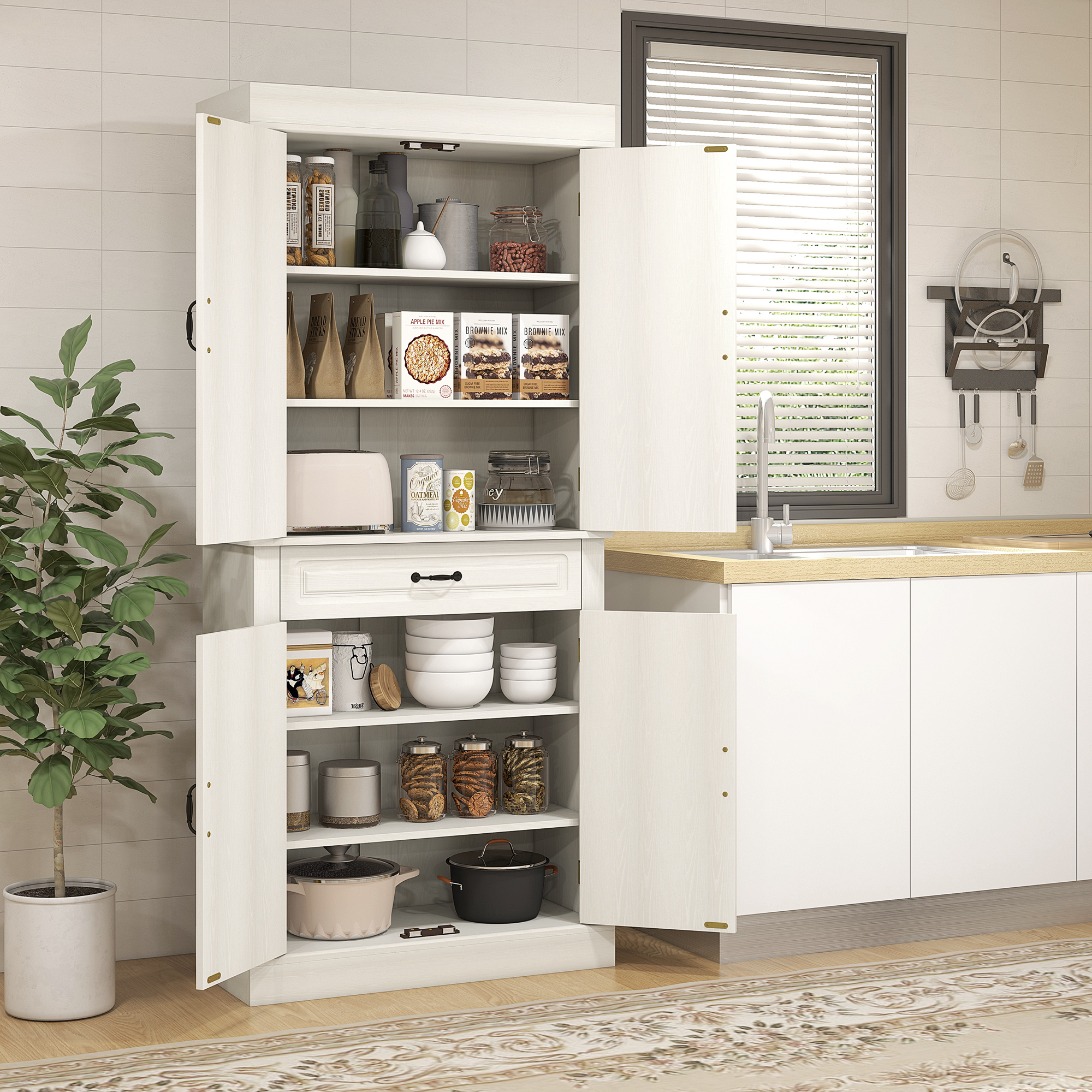 HOMCOM Large Freestanding Kitchen Pantry Cabinet, Distressed White ...
