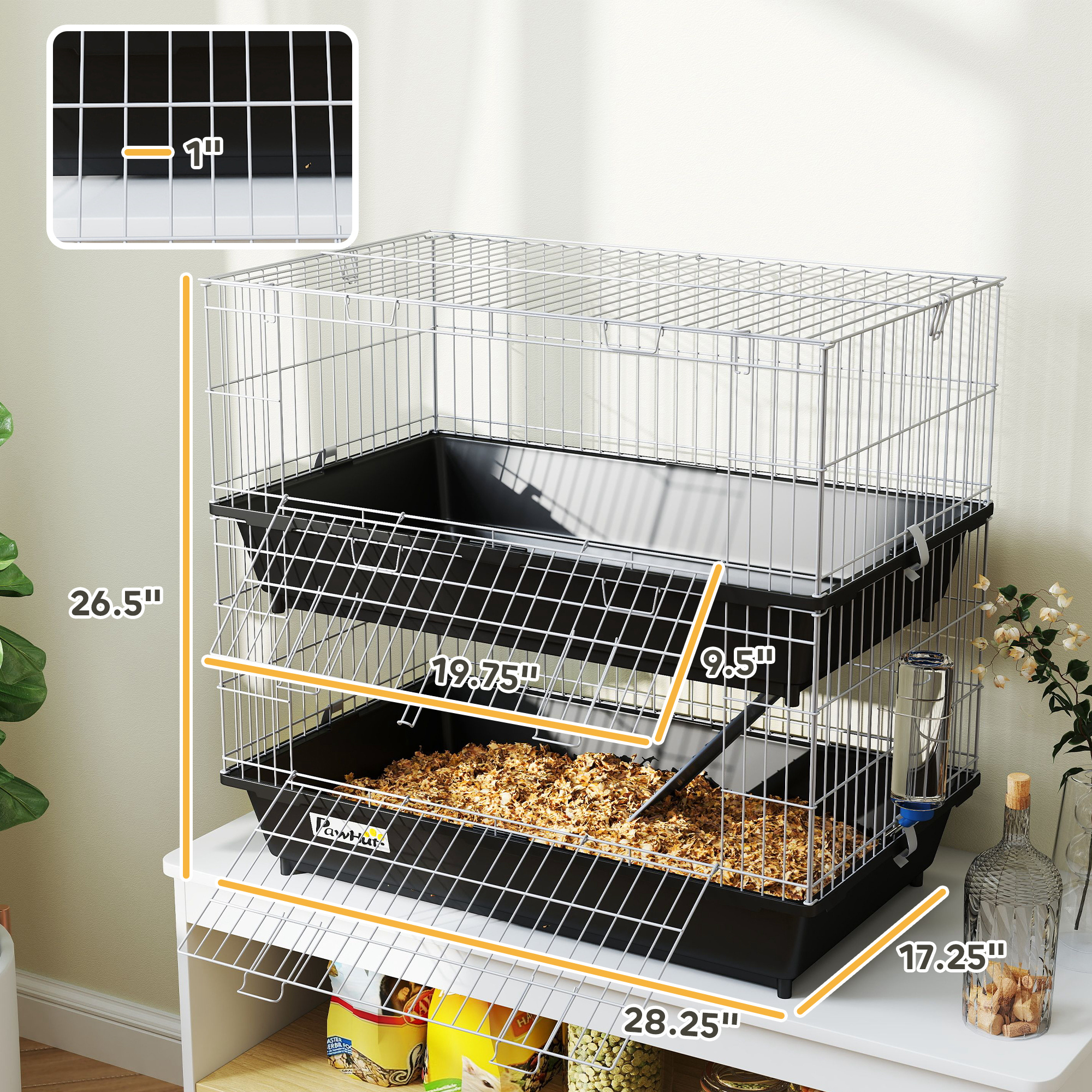 PawHut 2-Tier Small Animal Cage with 2 Doors, Trays, Dish, Bottle, and ...