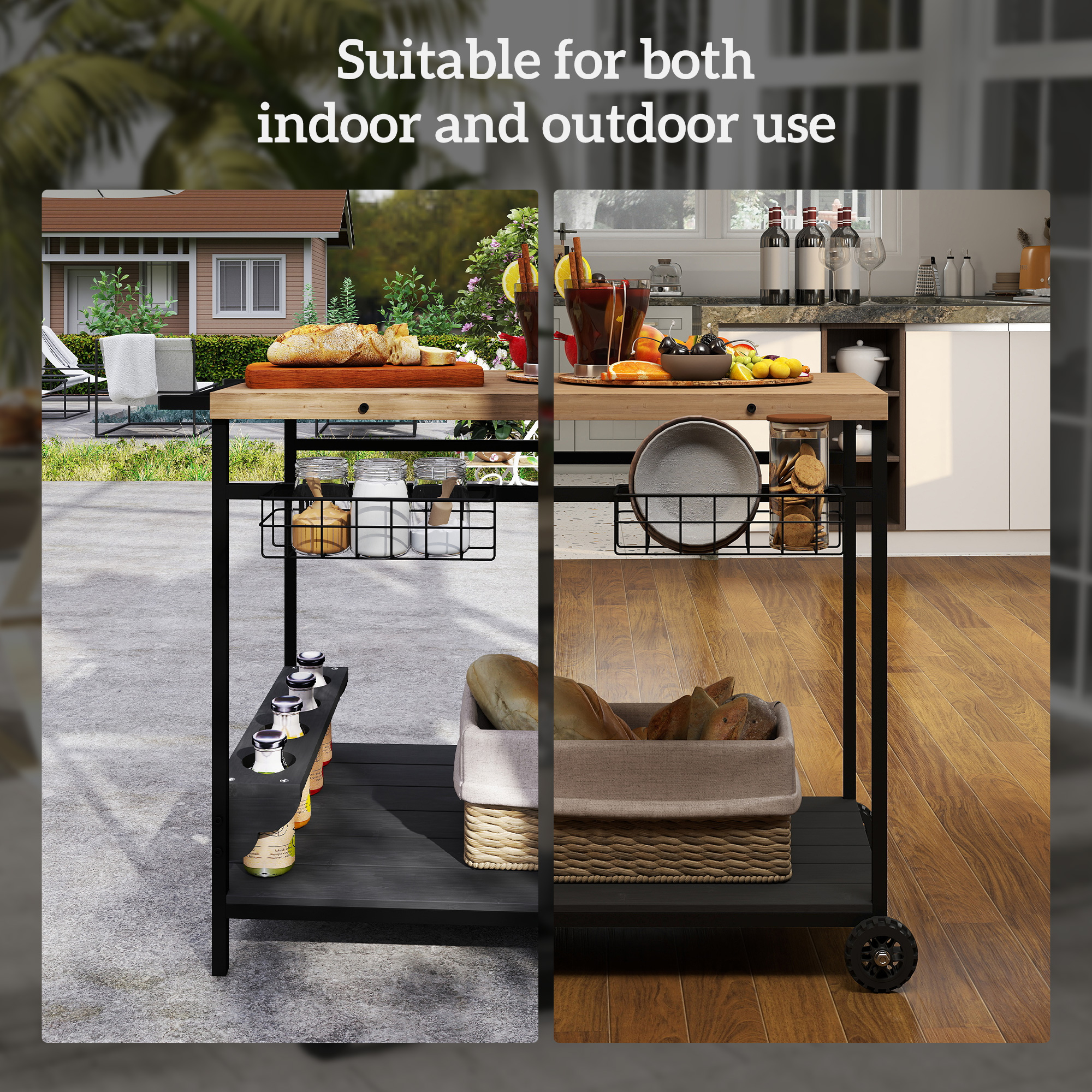 Outsunny Outdoor Bar Cart, Patio Rolling Serving Cart with Wheels, Side ...