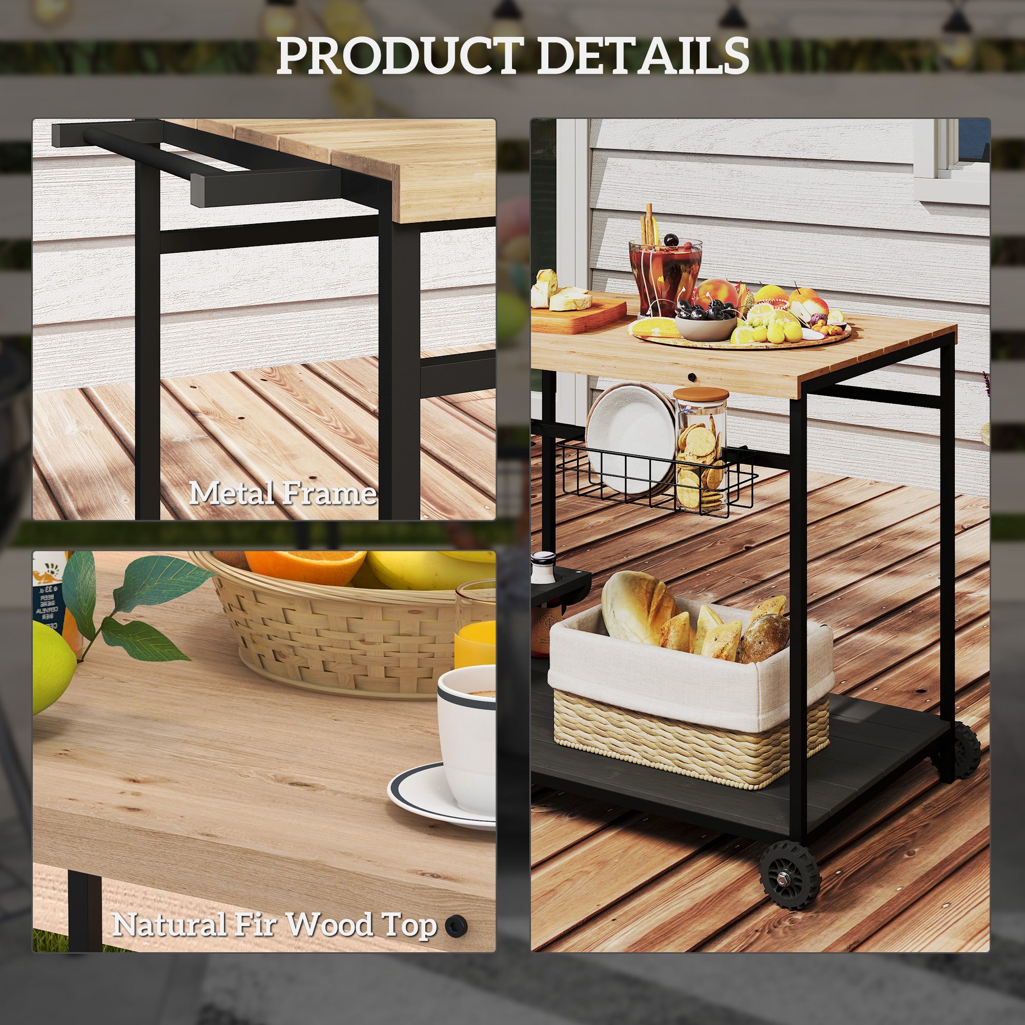 Outsunny Outdoor Bar Cart, Patio Rolling Serving Cart with Wheels, Side ...