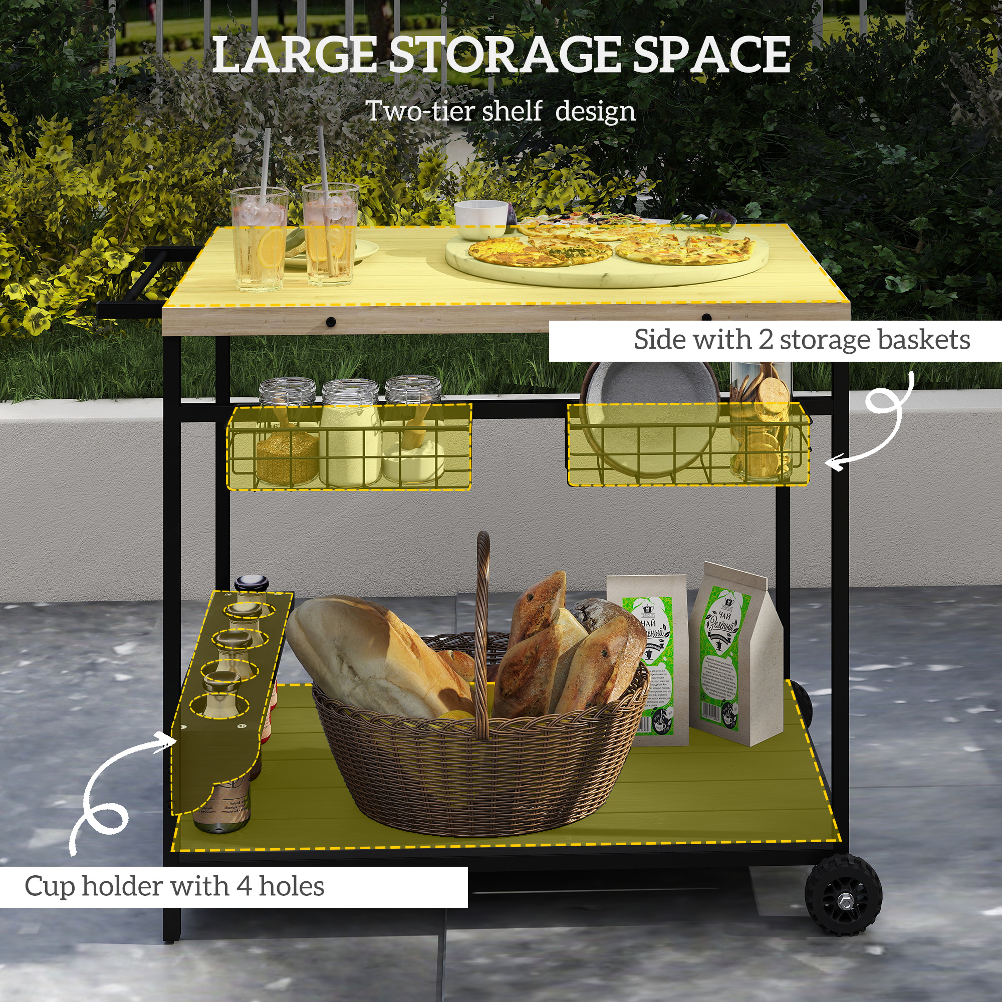 Outsunny Outdoor Bar Cart, Patio Rolling Serving Cart with Wheels, Side ...