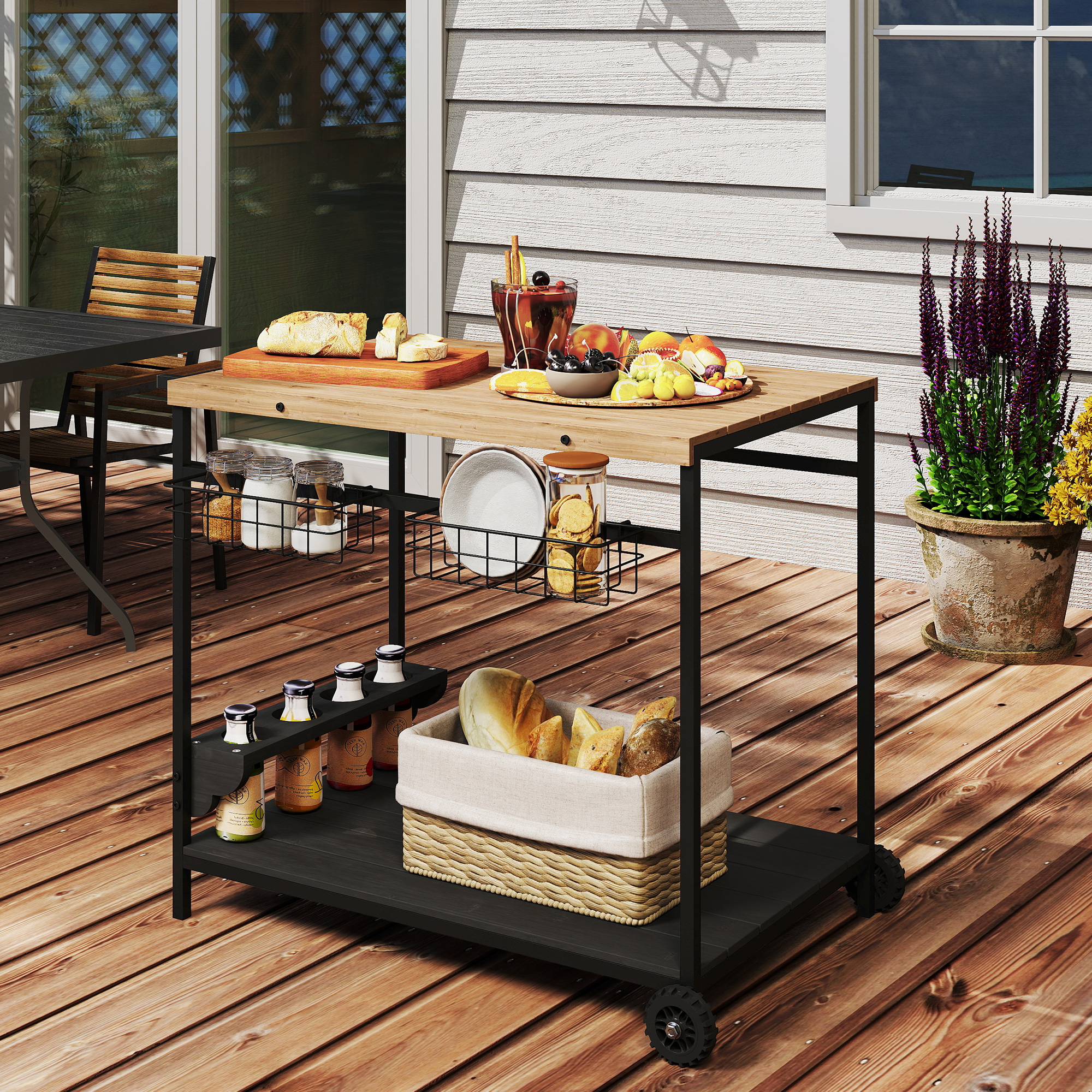 Outsunny Outdoor Bar Cart, Patio Rolling Serving Cart with Wheels, Side ...
