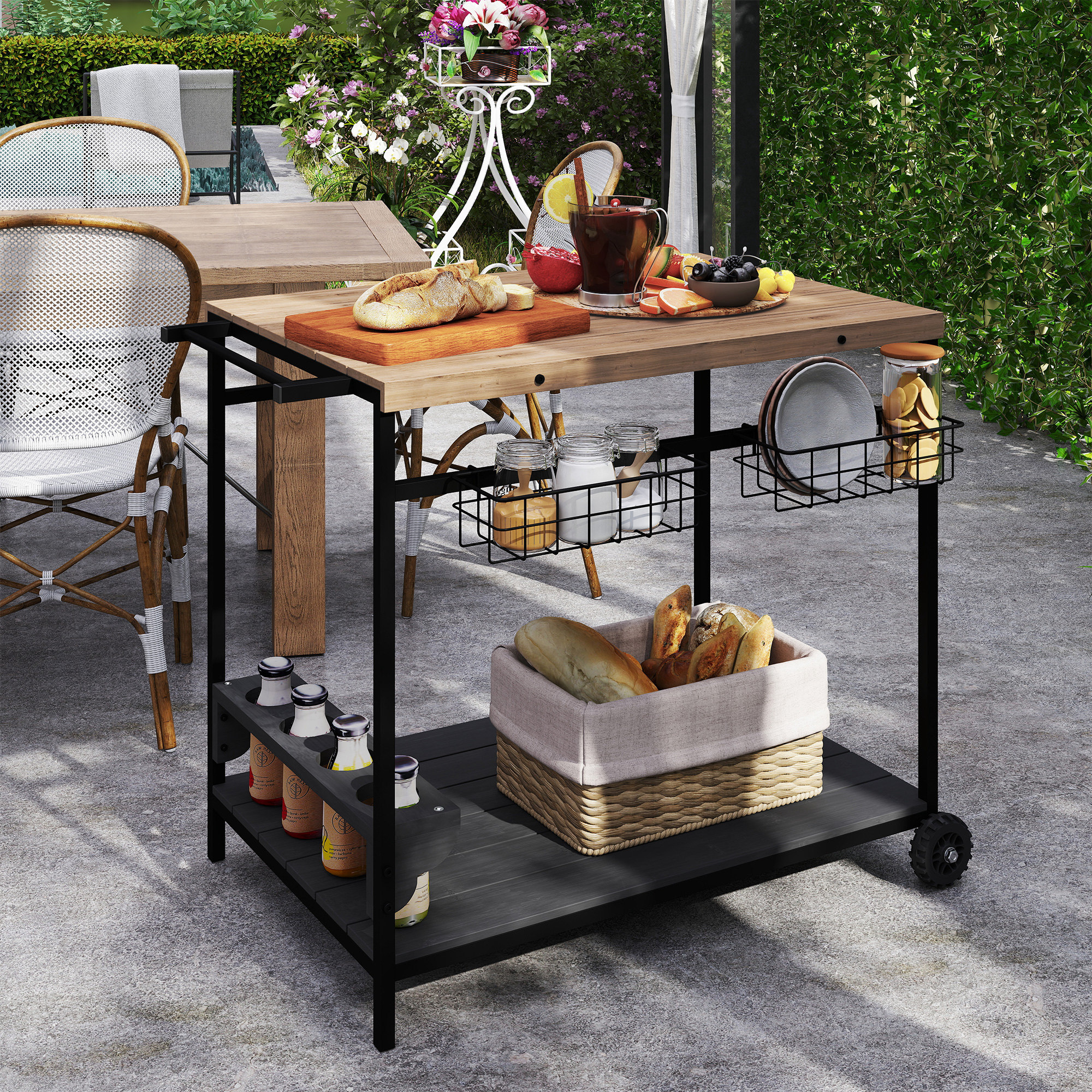 Outsunny Outdoor Bar Cart, Patio Rolling Serving Cart with Wheels, Side ...