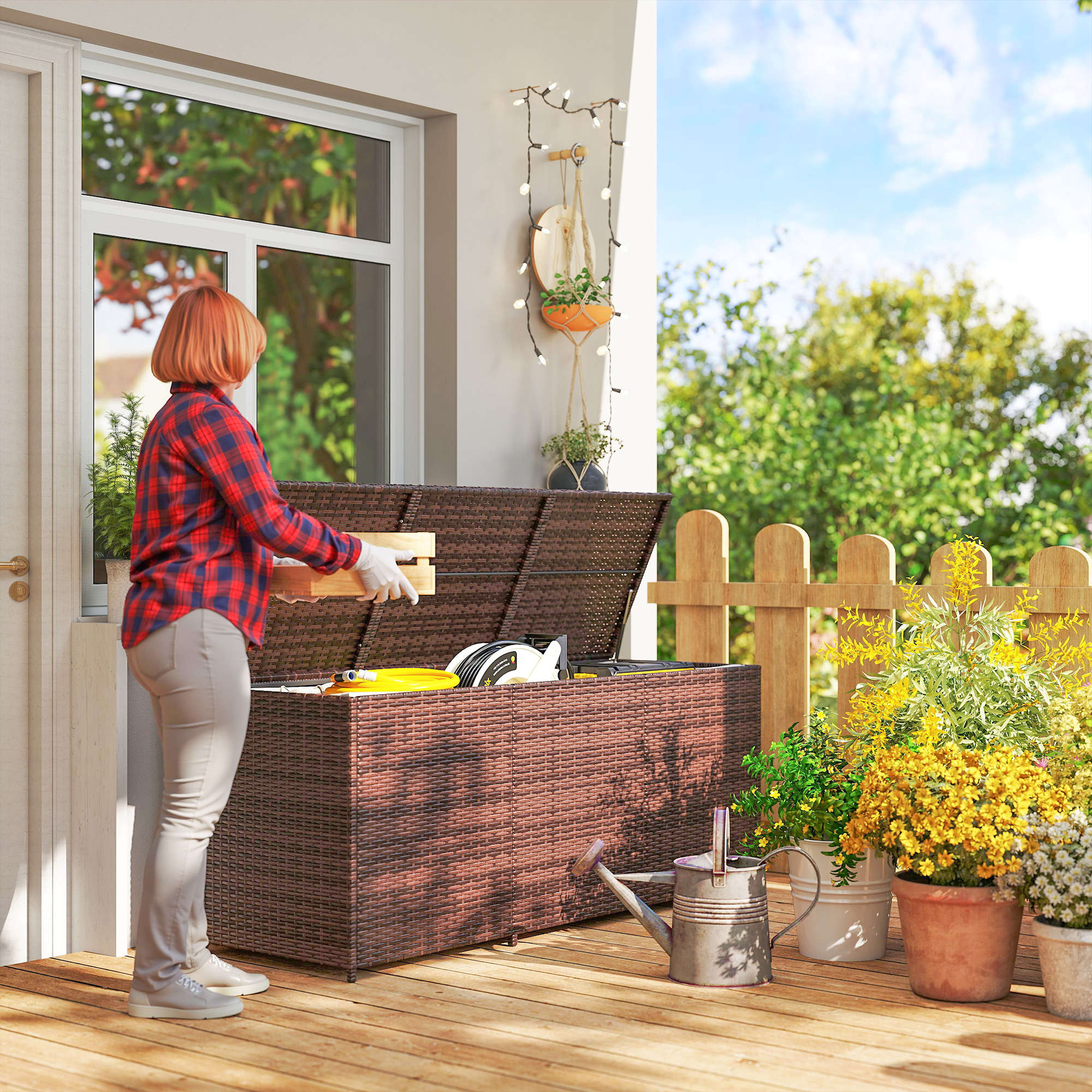 Outsunny Outdoor Storage Box with Inner Liner, PE Rattan Wicker Deck ...