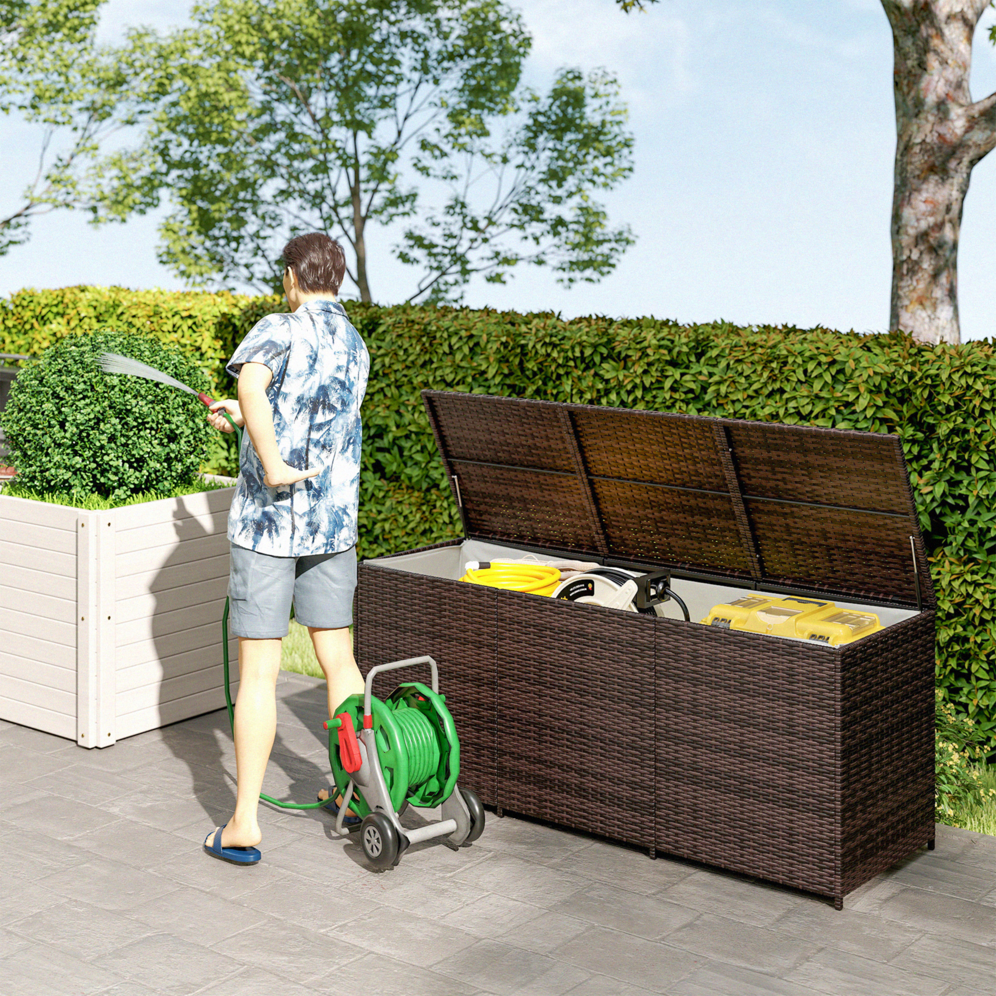 Outsunny Outdoor Storage Box with Inner Liner, PE Rattan Wicker Deck ...
