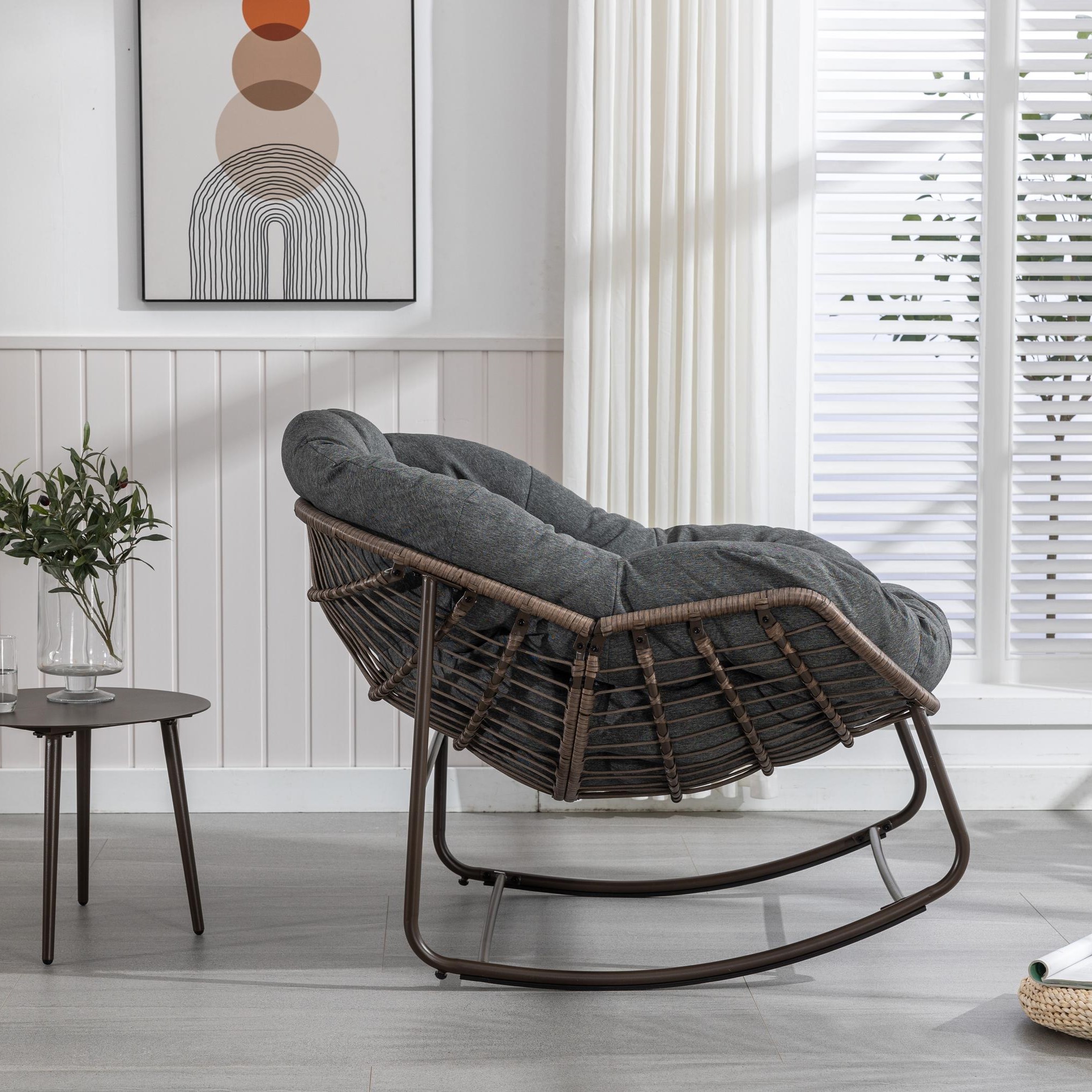 Outdoor Rattan Rocking Chair with Padded Cushion, Grey | Aosom.com