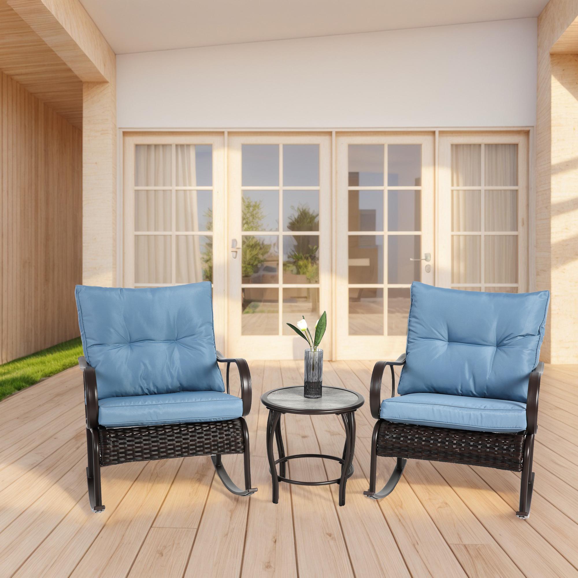 3-Piece Patio Furniture Set with Weather Resistant Rattan, Brown+Blue ...