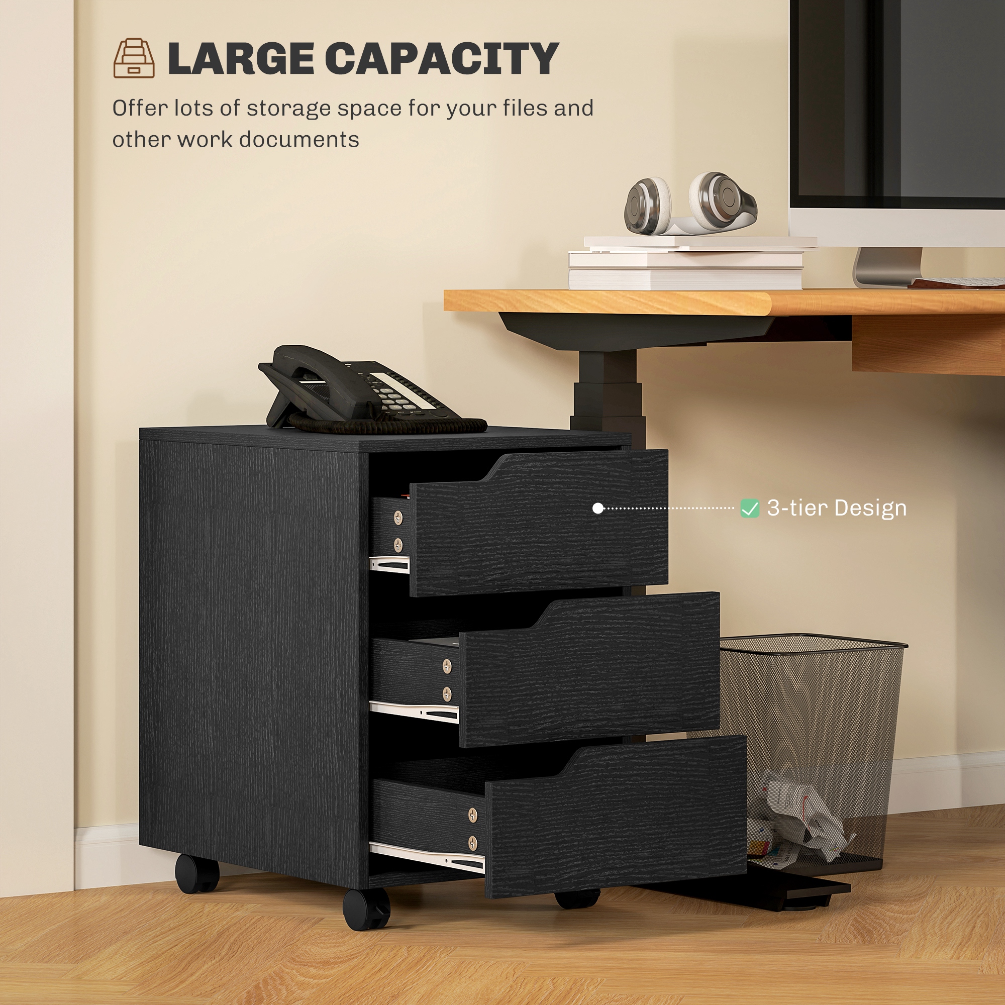 HOMCOM 3 Drawer File Cabinet, Vertical Filing Cabinet with Wheels ...