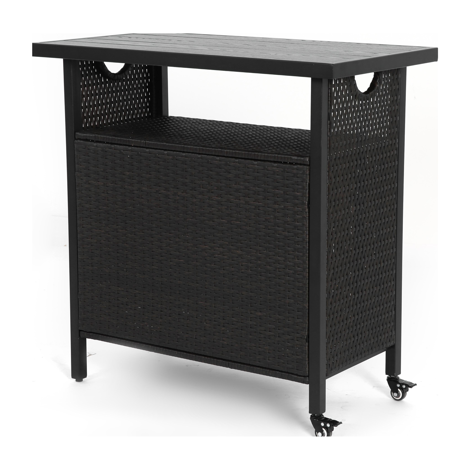 Outdoor Wicker Bar Cart with Plastic Wood Tabletop, Black | Aosom.com
